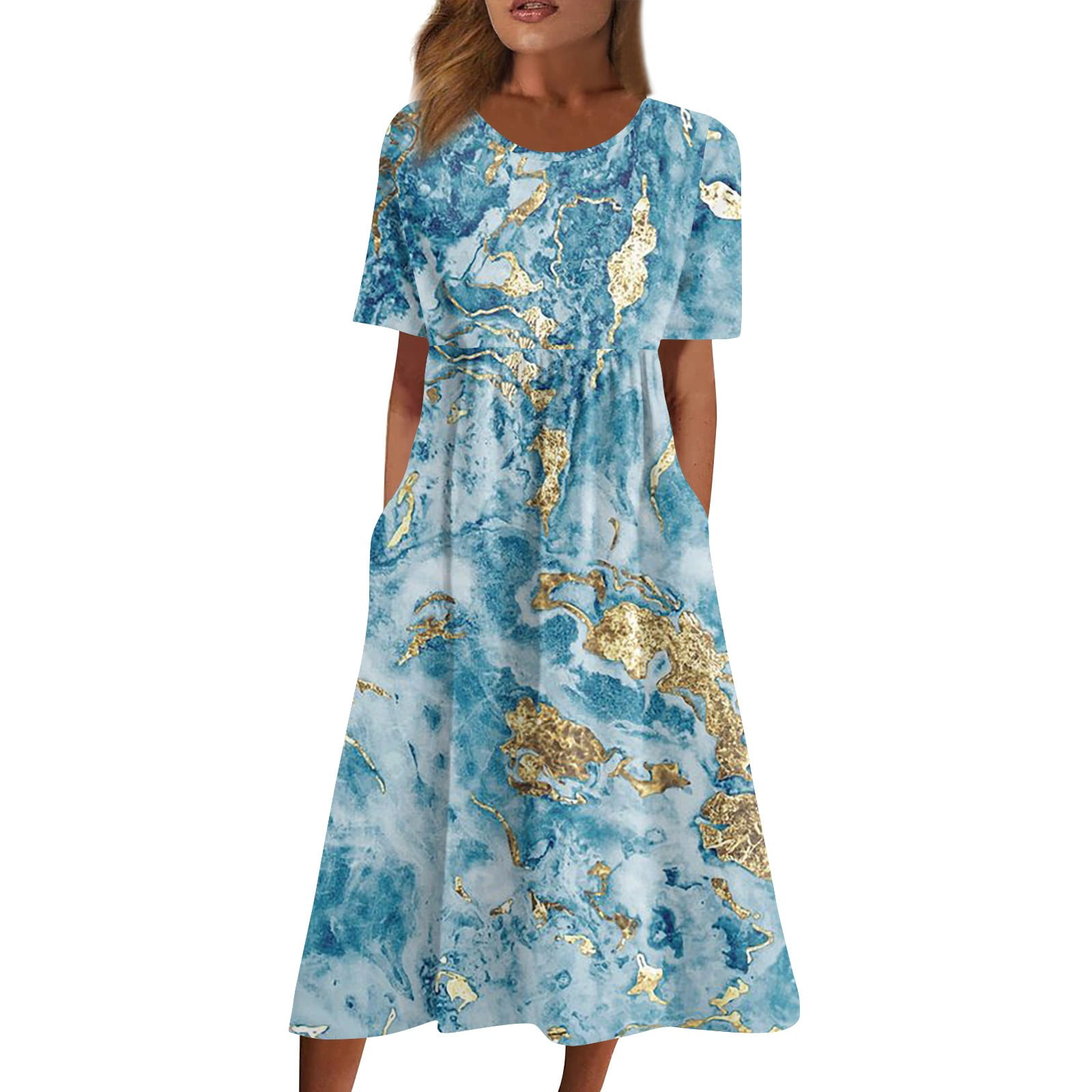 Gipqjk Sundresses For Women Summer Vacation Causal O Neck Short Sleeve