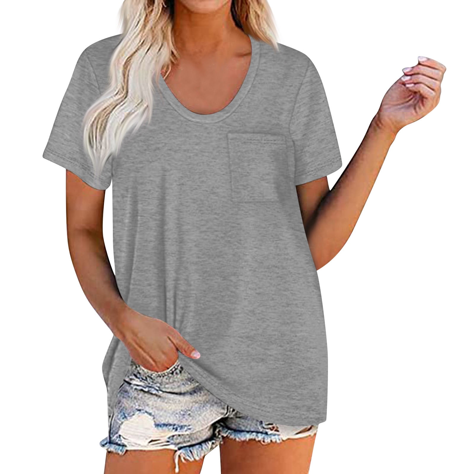 GIPQJK V Neck Short Sleeve T-Shirts for Women Summer Trendy Soild Color ...