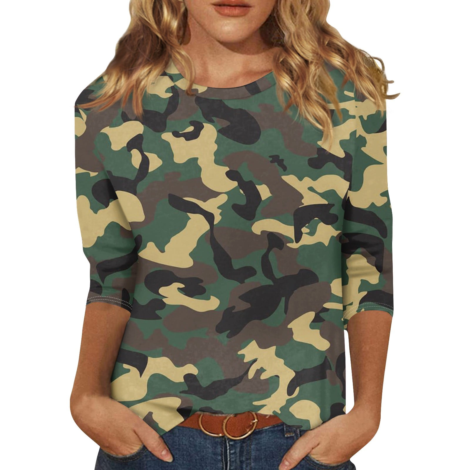 GIPQJK Women Camouflage Print Shirt 2024 Fall Graphic 3/4 Sleeve Tunic ...