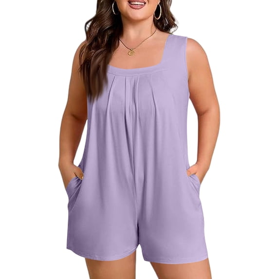 GIPQJK Women's Plus Size Rompers Sleeveless Square Neck Loose Fit ...