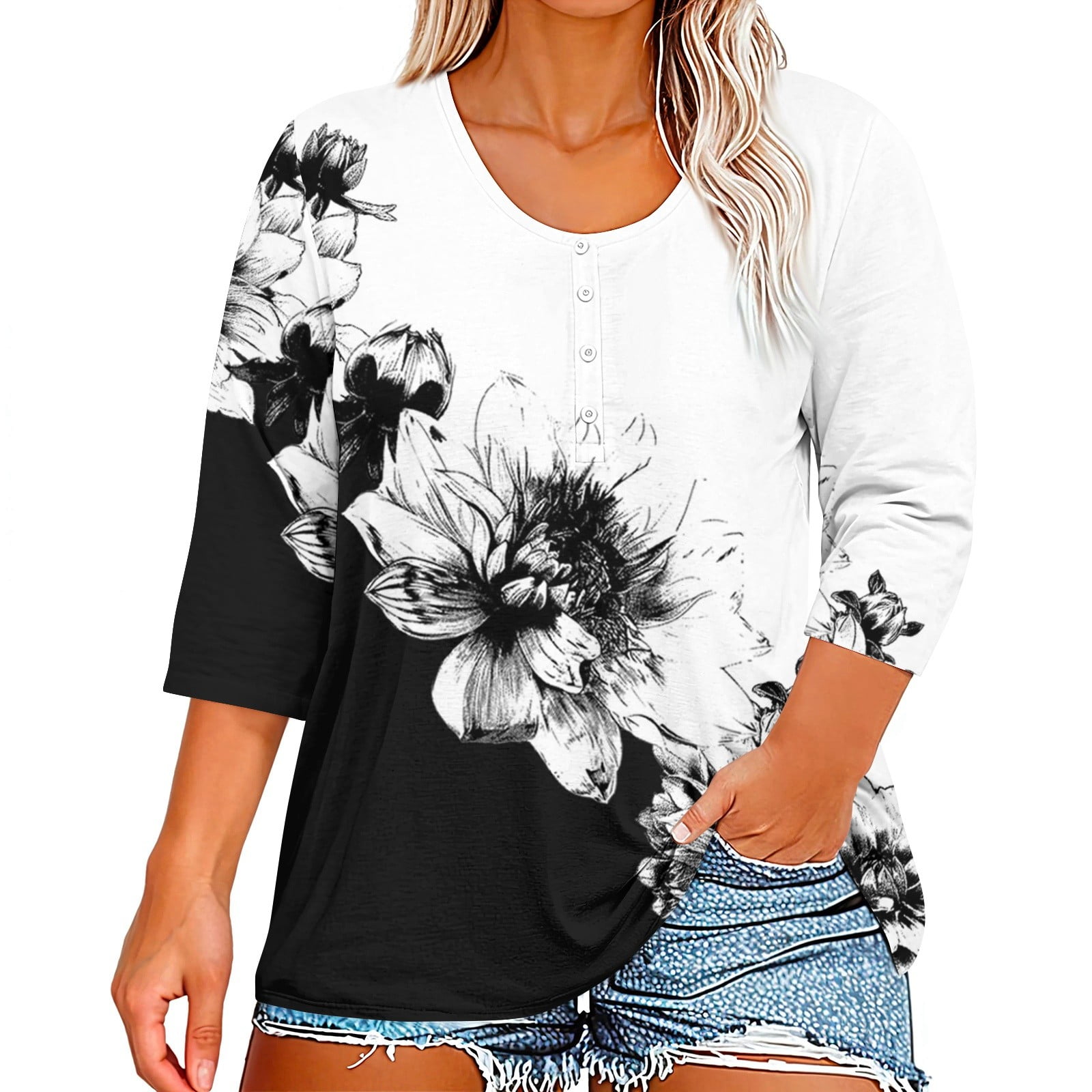 GIPQJK Women's Plus Size Shirts 4x-5x Floral Print 3/4 Length Sleeved T ...