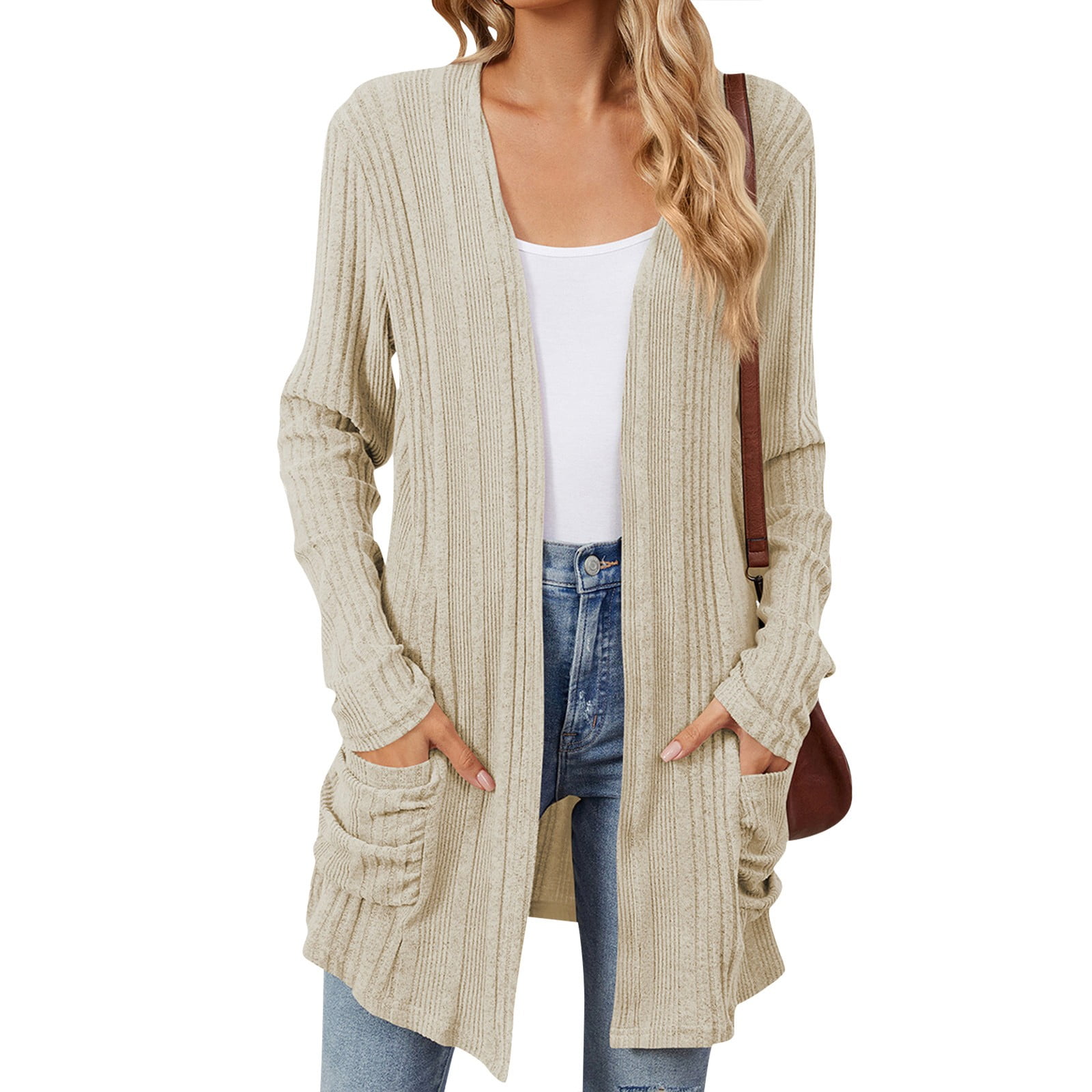 GIPQJK Womens Cardigan Sweaters Open Front Waffle Knit Long Sleeve ...
