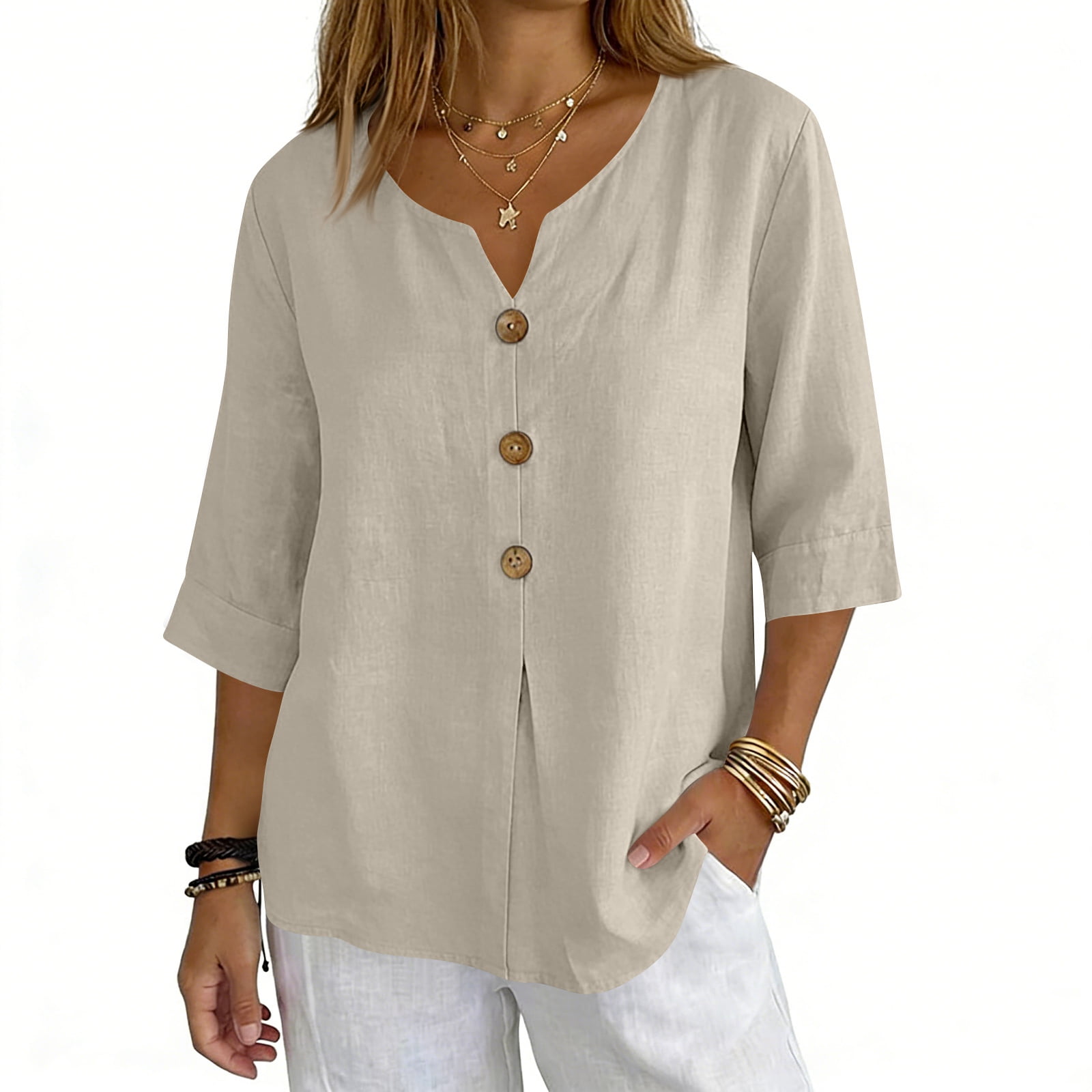 GIPQJK Womens Cotton Linen Tops 3/4 Sleeve Button Down V Neck Blouses ...