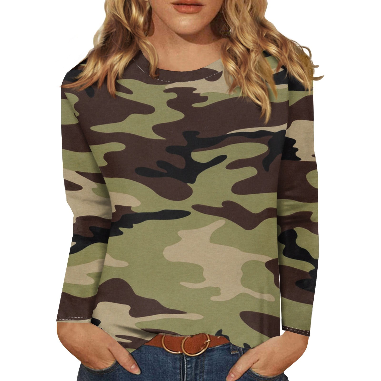 GIPQJK Womens Plus Size Camo Tops 2024 Fall Graphic Long Sleeve Tunic ...