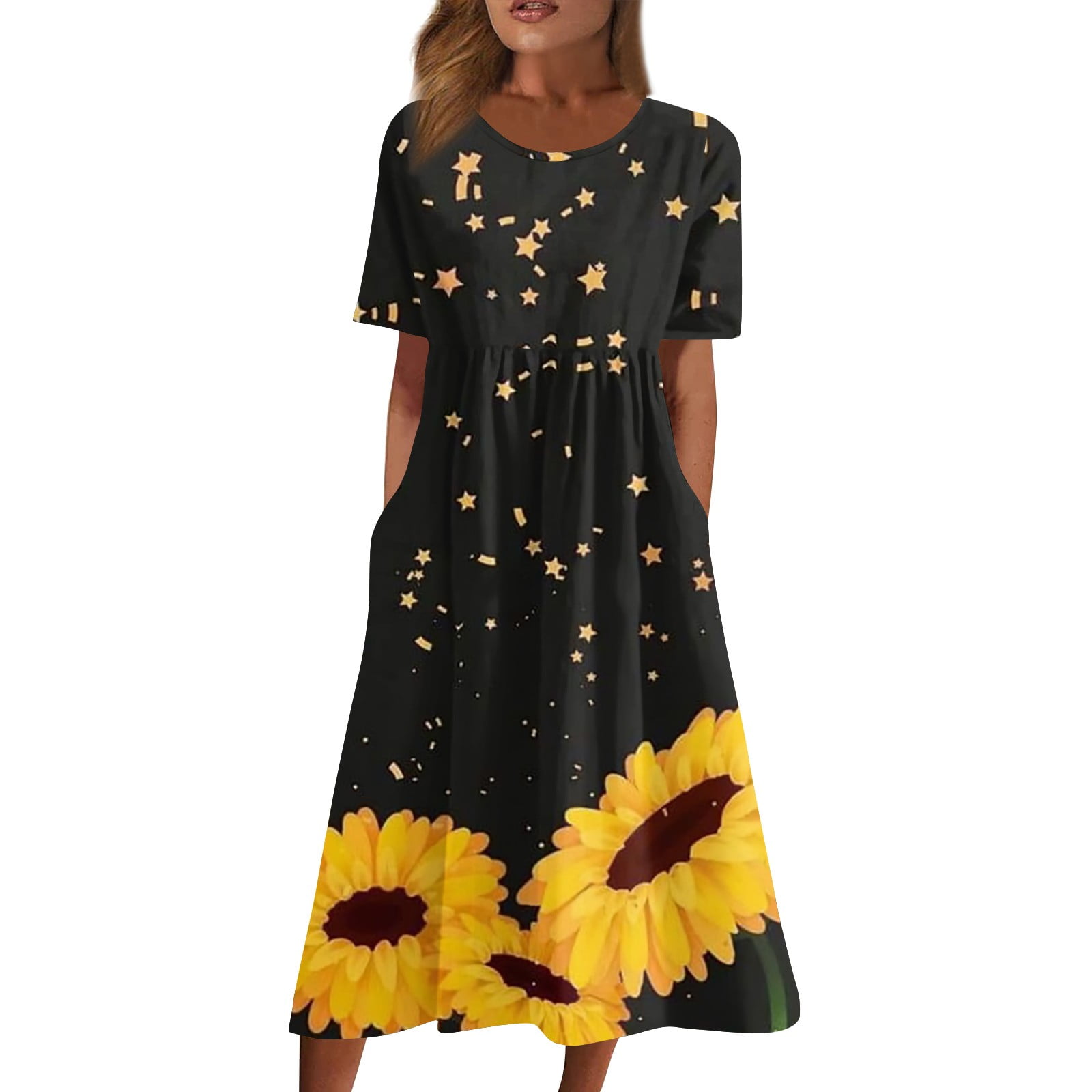 Gipqjk Womens Summer Dresses Casual Loose Crewneck Short Sleeve Maxi