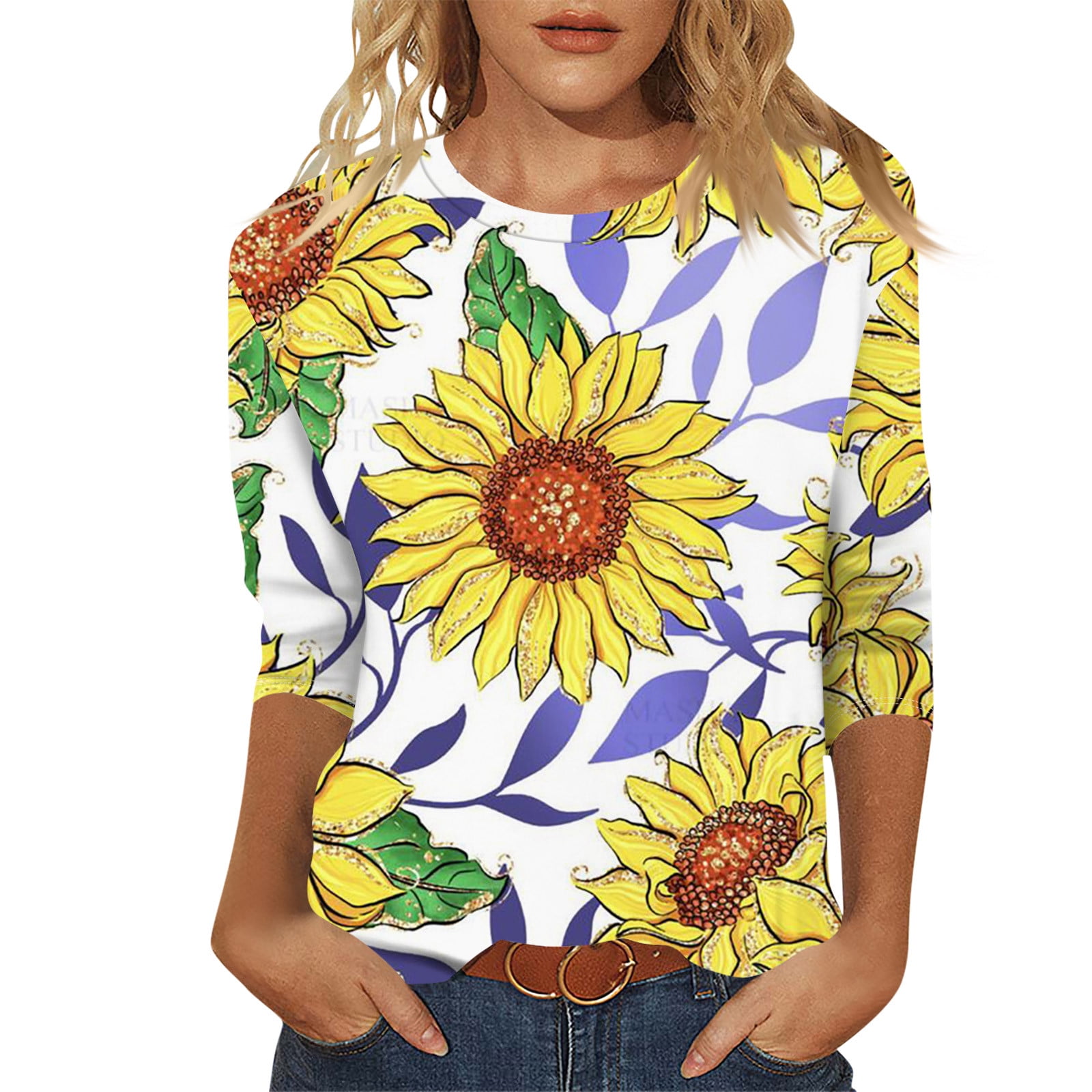 GIPQJK Womens Sunflower Fashion Mother's Day Tops 3/4 Sleeve Crewneck ...