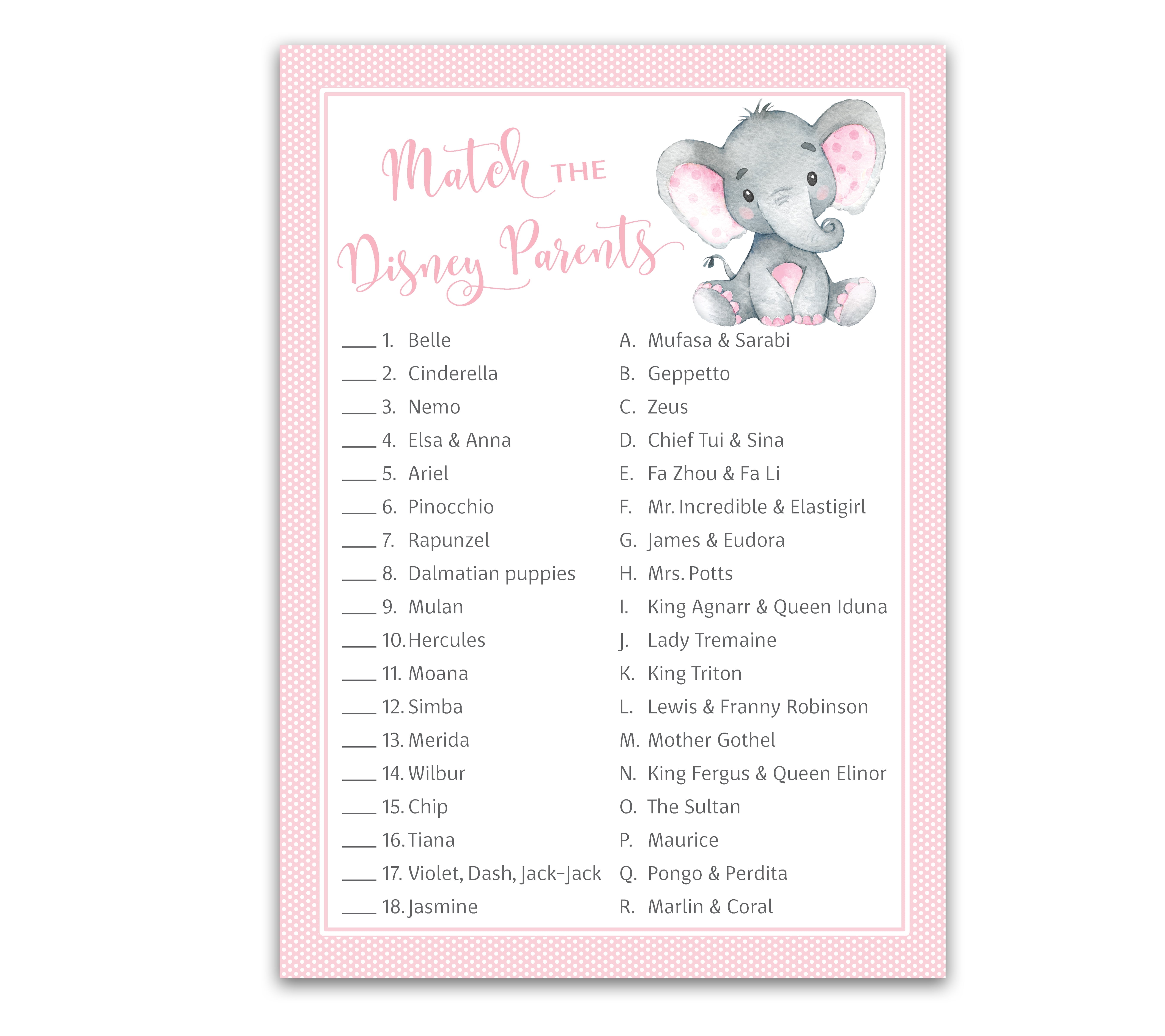 GIRL Baby Shower Game — CARTOON PARENT MATCH Baby Shower Game — Pack of ...