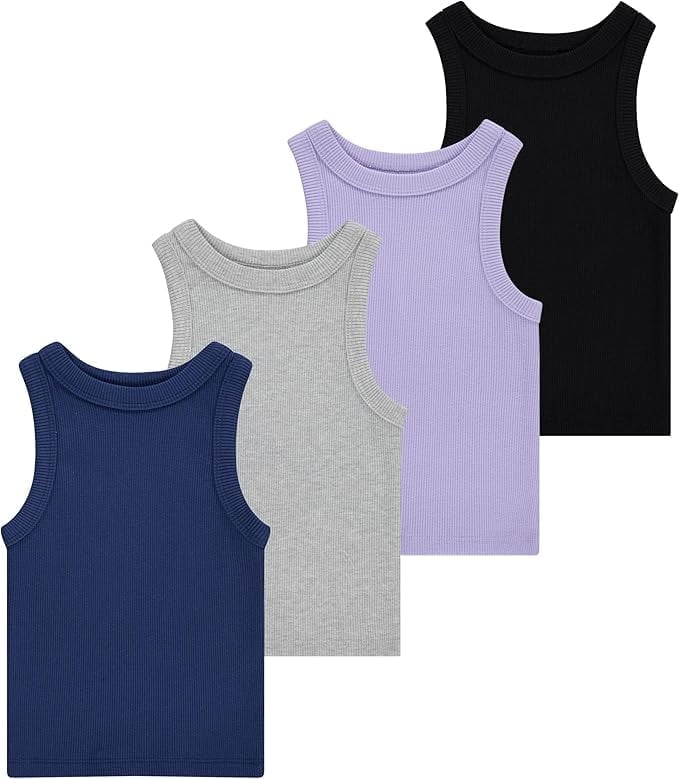 Girls' 4-Pack Ribbed Tank Tops – Sleeveless Cotton Blend Tees for ...