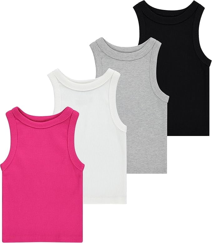 Girls' 4-Pack Ribbed Tank Tops – Sleeveless Cotton Blend Tees for ...