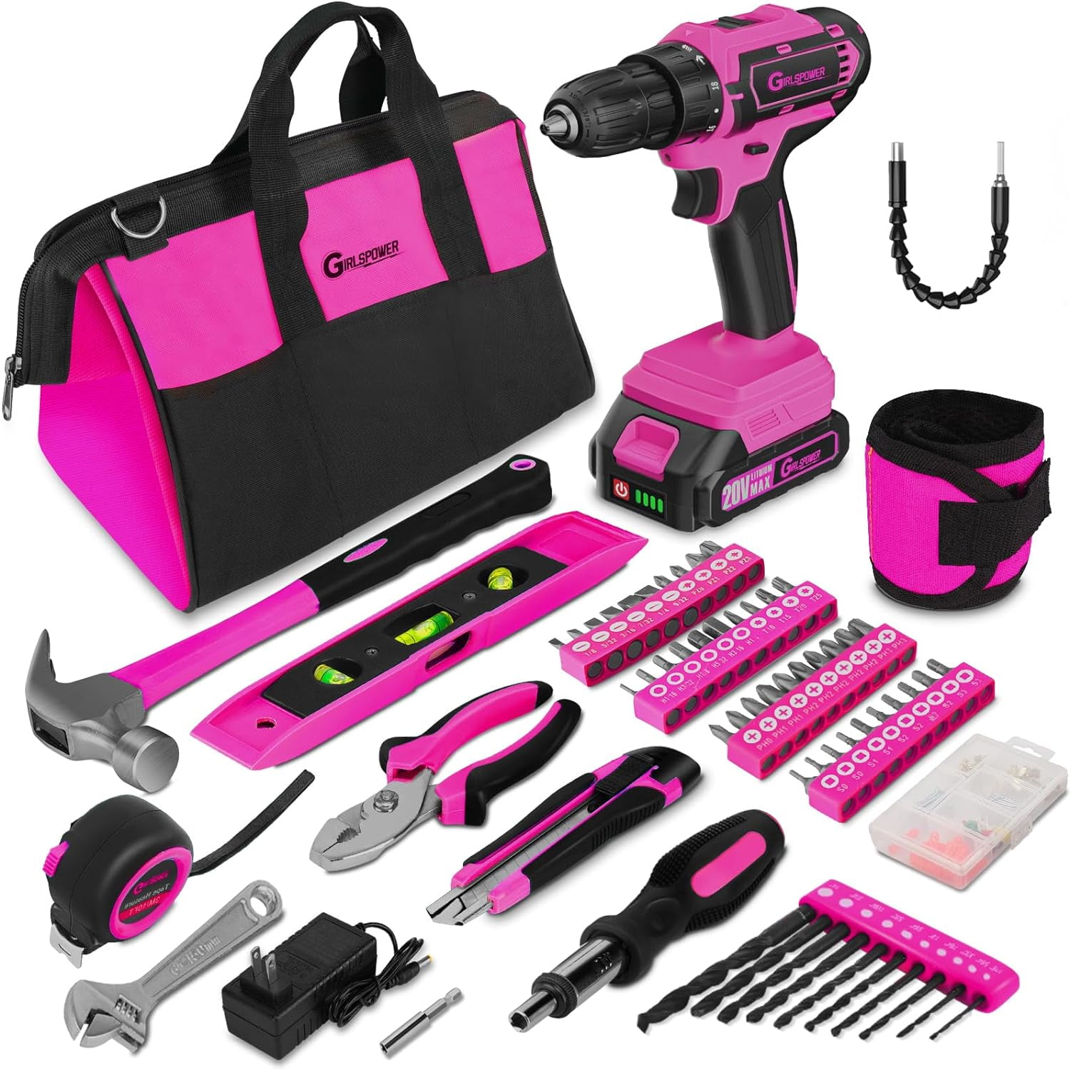GIRLSPOWER 137PCS Pink Household Tool Kit, Cordless Drill, 20V Battery ...