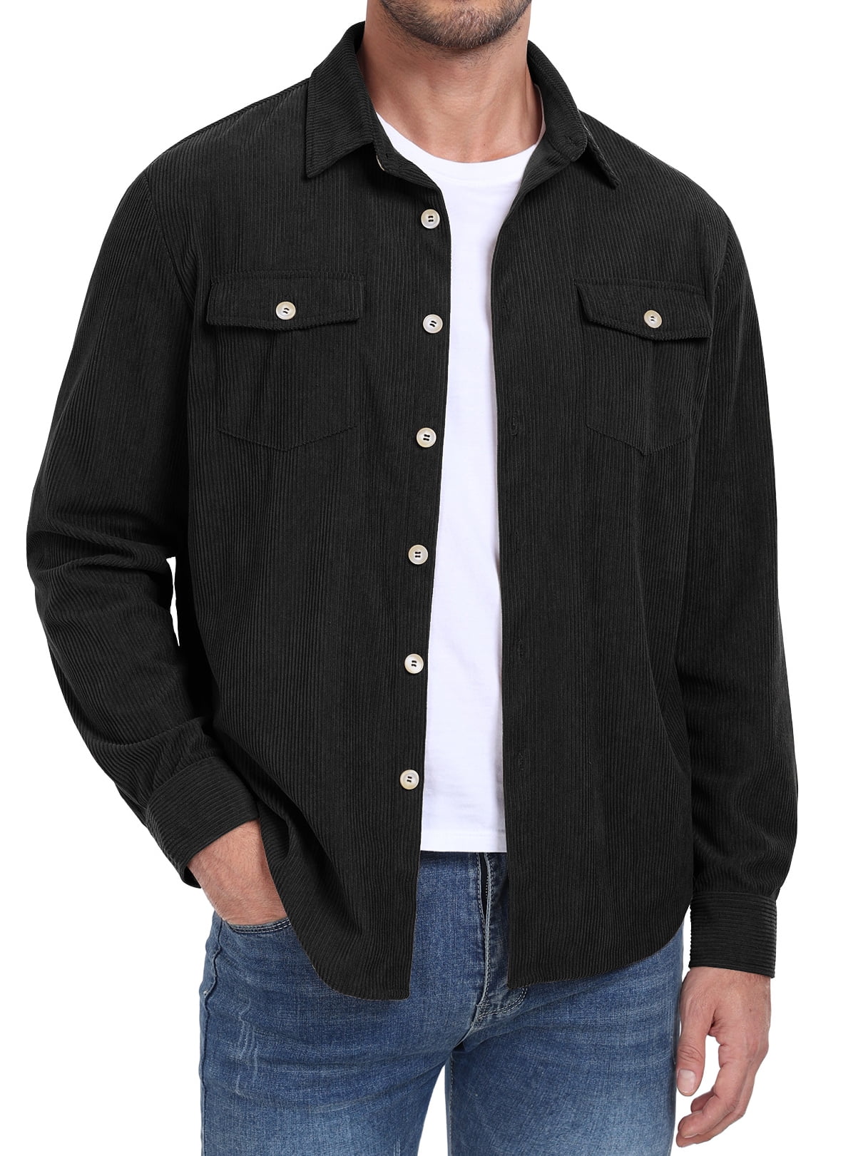 GIRUNS, Men's Corduroy Jacket, Black M, Casual Long Sleeve Button Down ...