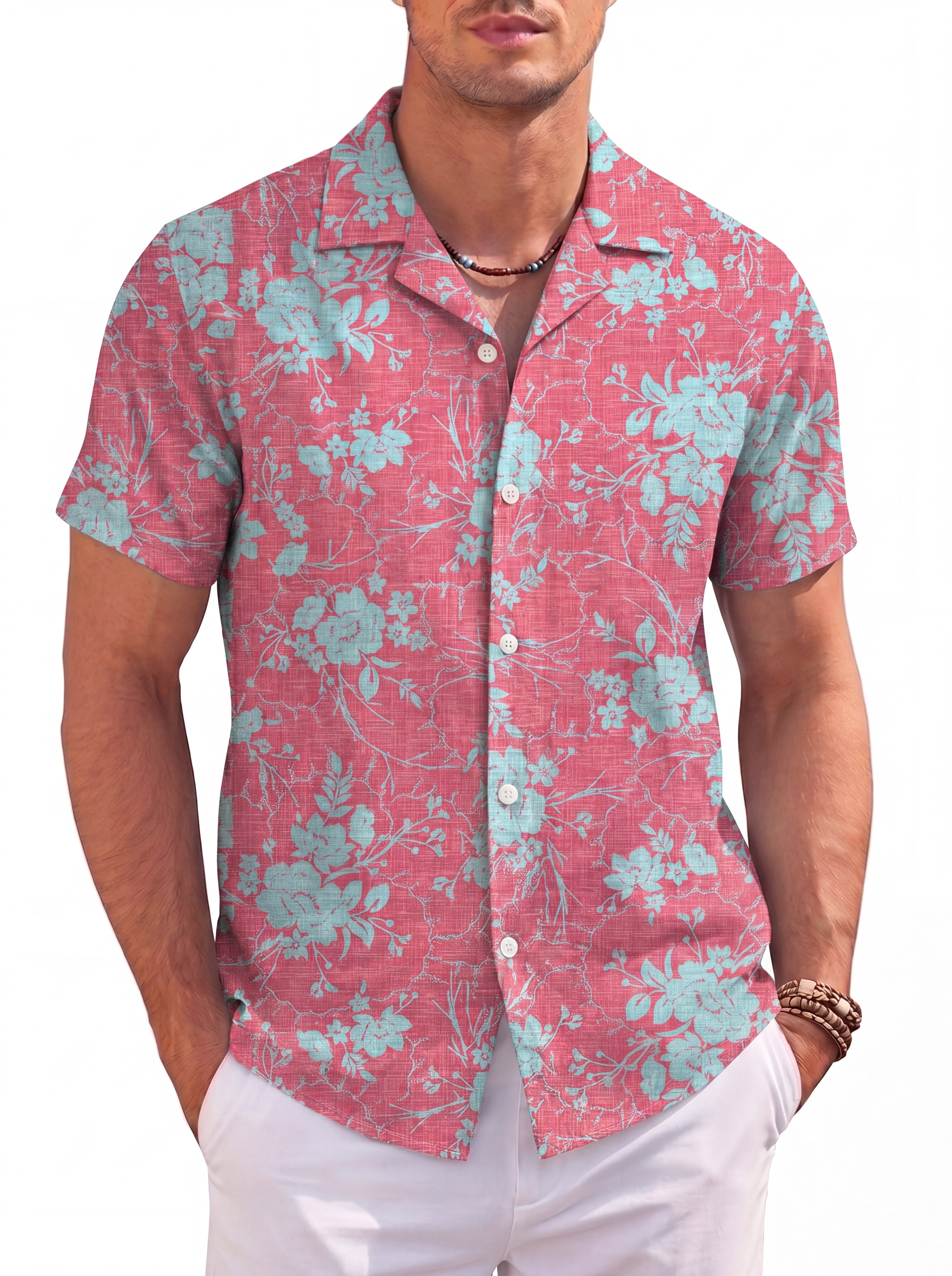 GIRUNS Men's Hawaiian Button Up Shirt, Cuban Collar, Lightweight ...