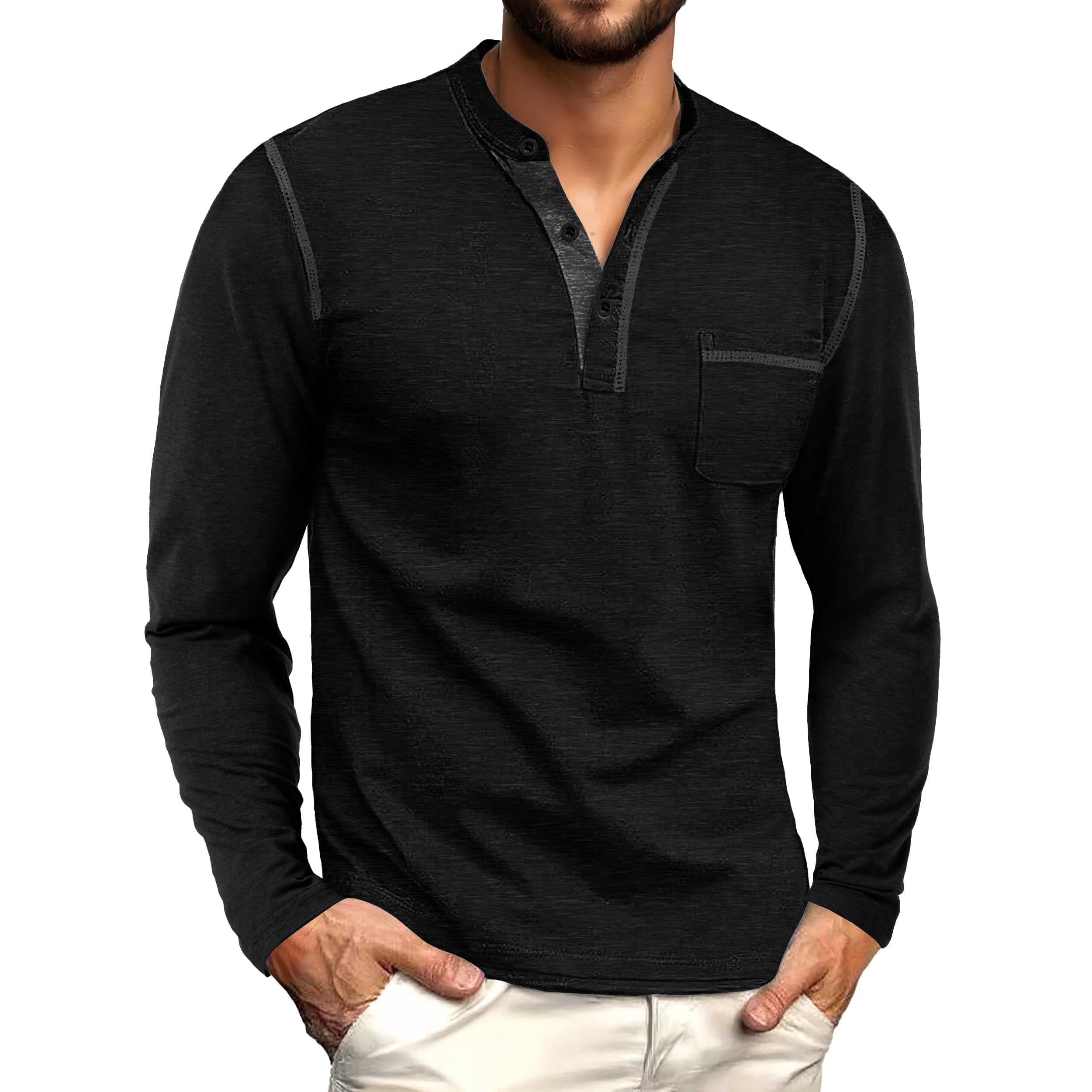GIRUNS Men's Henley Shirt, L, Long Sleeve Cotton Pullover with Pocket ...