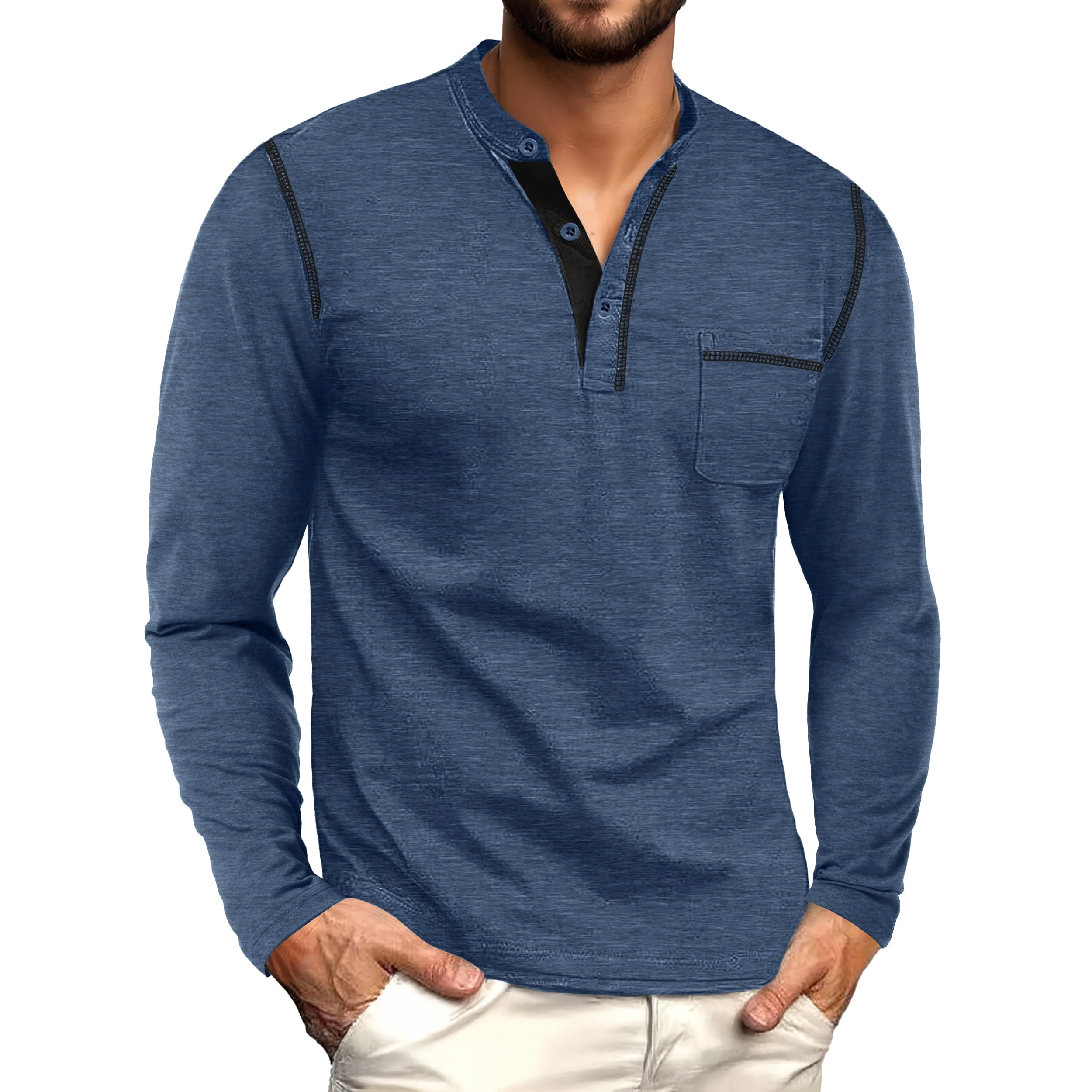 GIRUNS, Men's Henley Shirt, Blue L, Long Sleeve Button Pullover ...