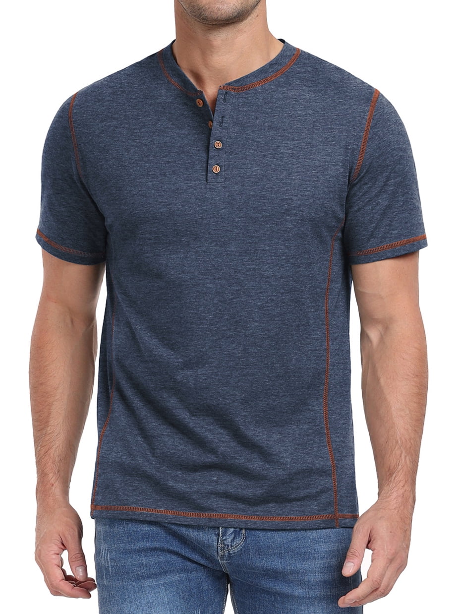 GIRUNS Men's Henley Short Sleeve Shirt Cotton Button T-Shirt Lightweight Summer Casual Tee Navy ...