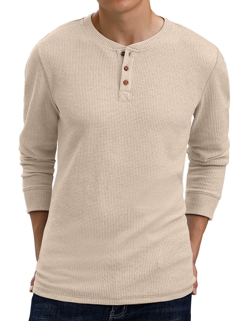 GIRUNS Men's Long Sleeve Waffle Henley Casual T-Shirt with 3 Button ...