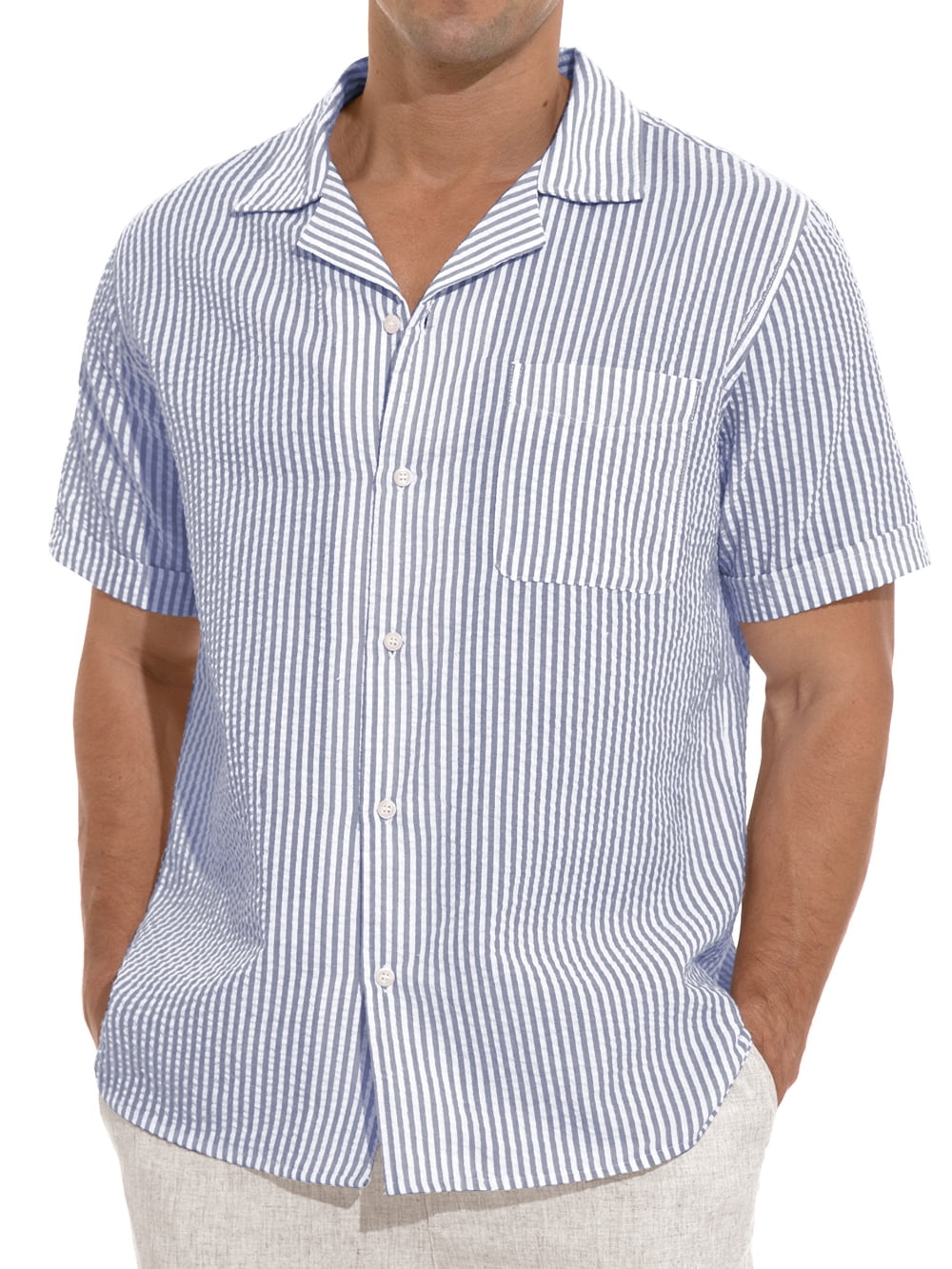 GIRUNS Men's Striped Casual Button Up Shirt Cuban Neck Short Sleeve ...