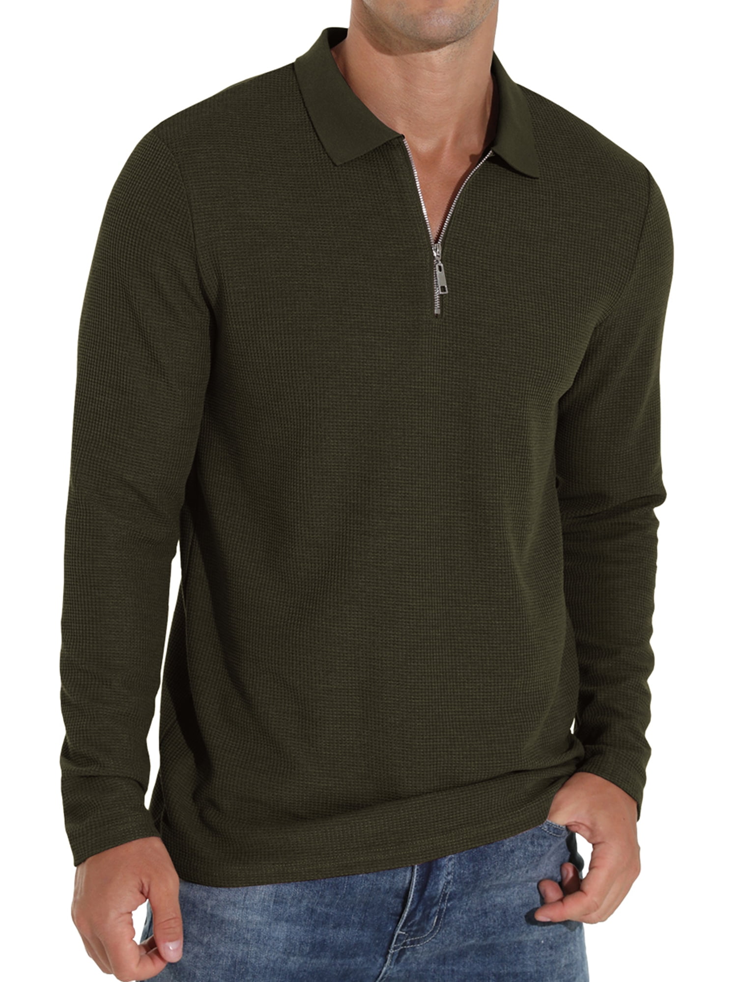 GIRUNS Men's Waffle Knit Long Sleeve Casual Quarter Zip Polo Shirts ...