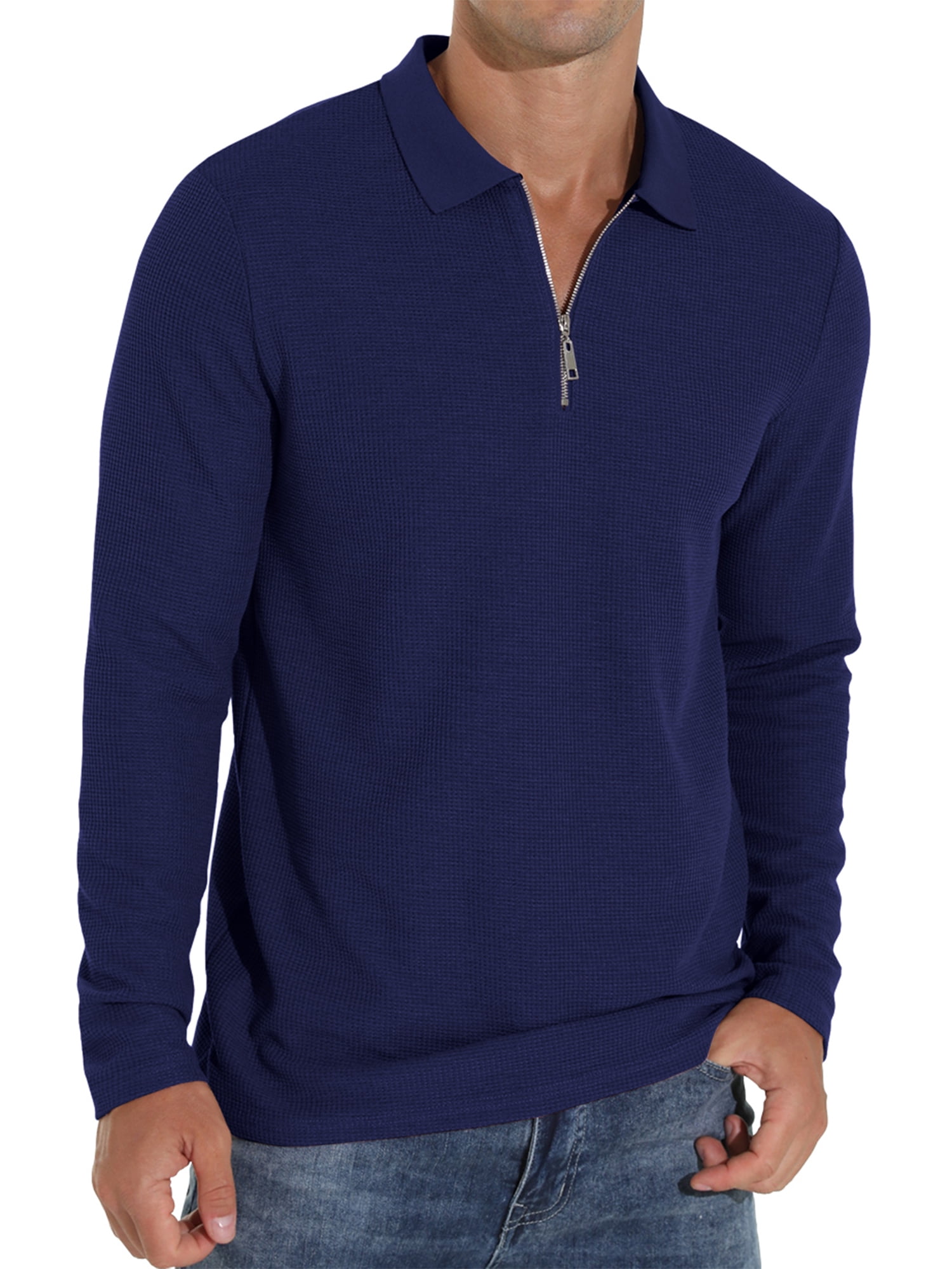 GIRUNS Men's Waffle Knit Long Sleeve Casual Quarter Zip Polo Shirts ...