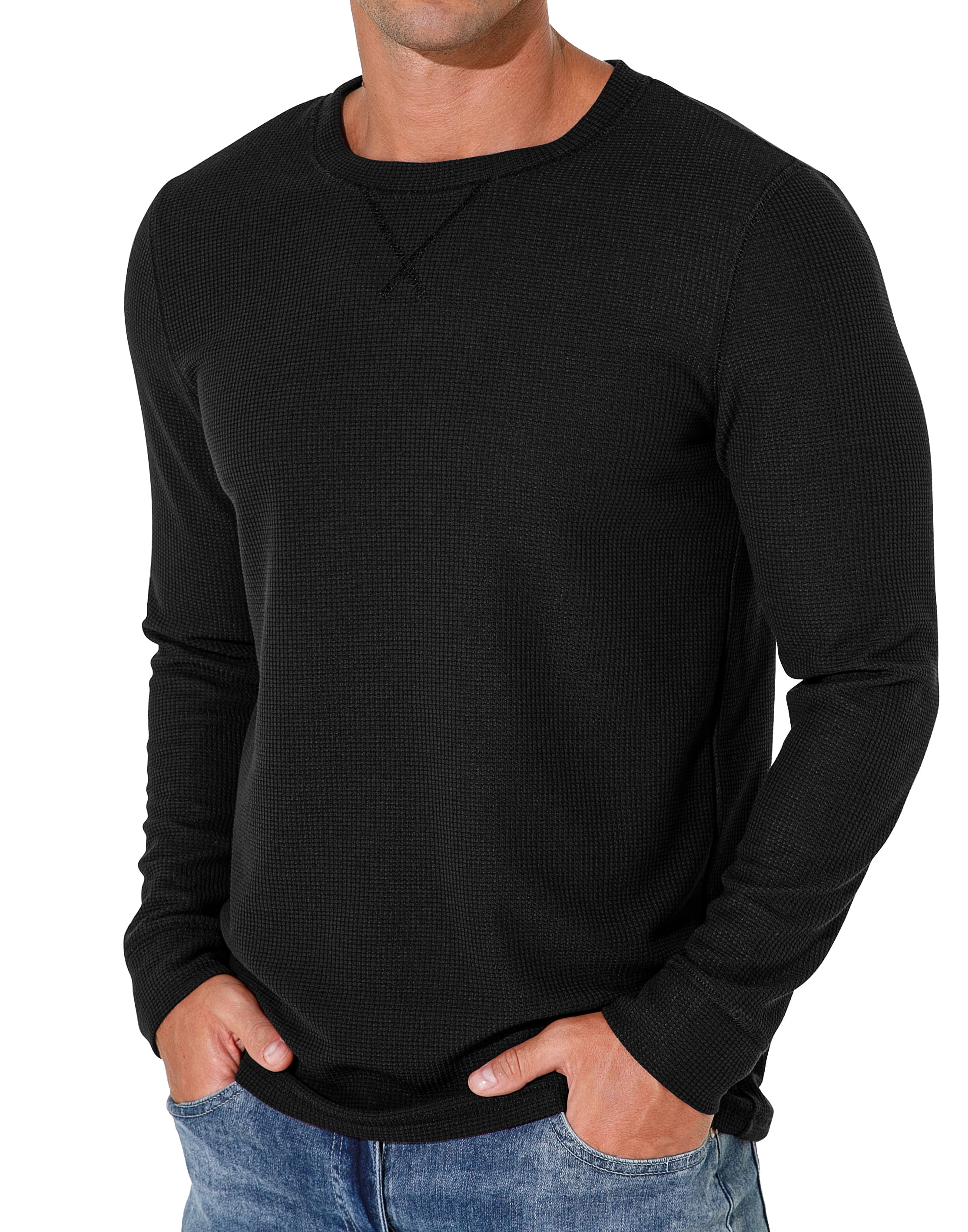 GIRUNS Mens Waffle Crew Neck Long Sleeve Pullover Shirts Casual ...
