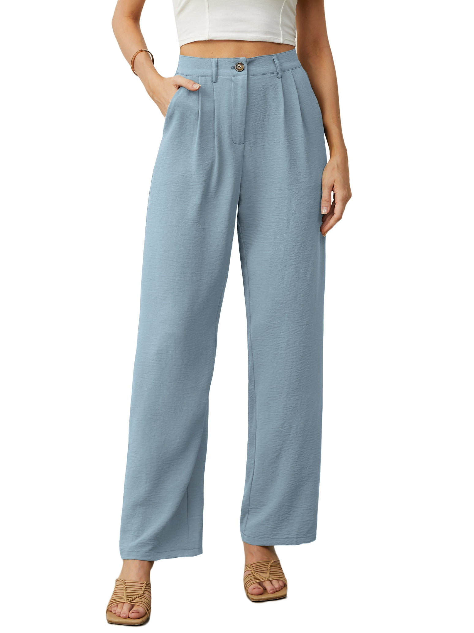 GIRUNS Women's Wide Leg Pants, High Waisted Business Trousers, Blue ...
