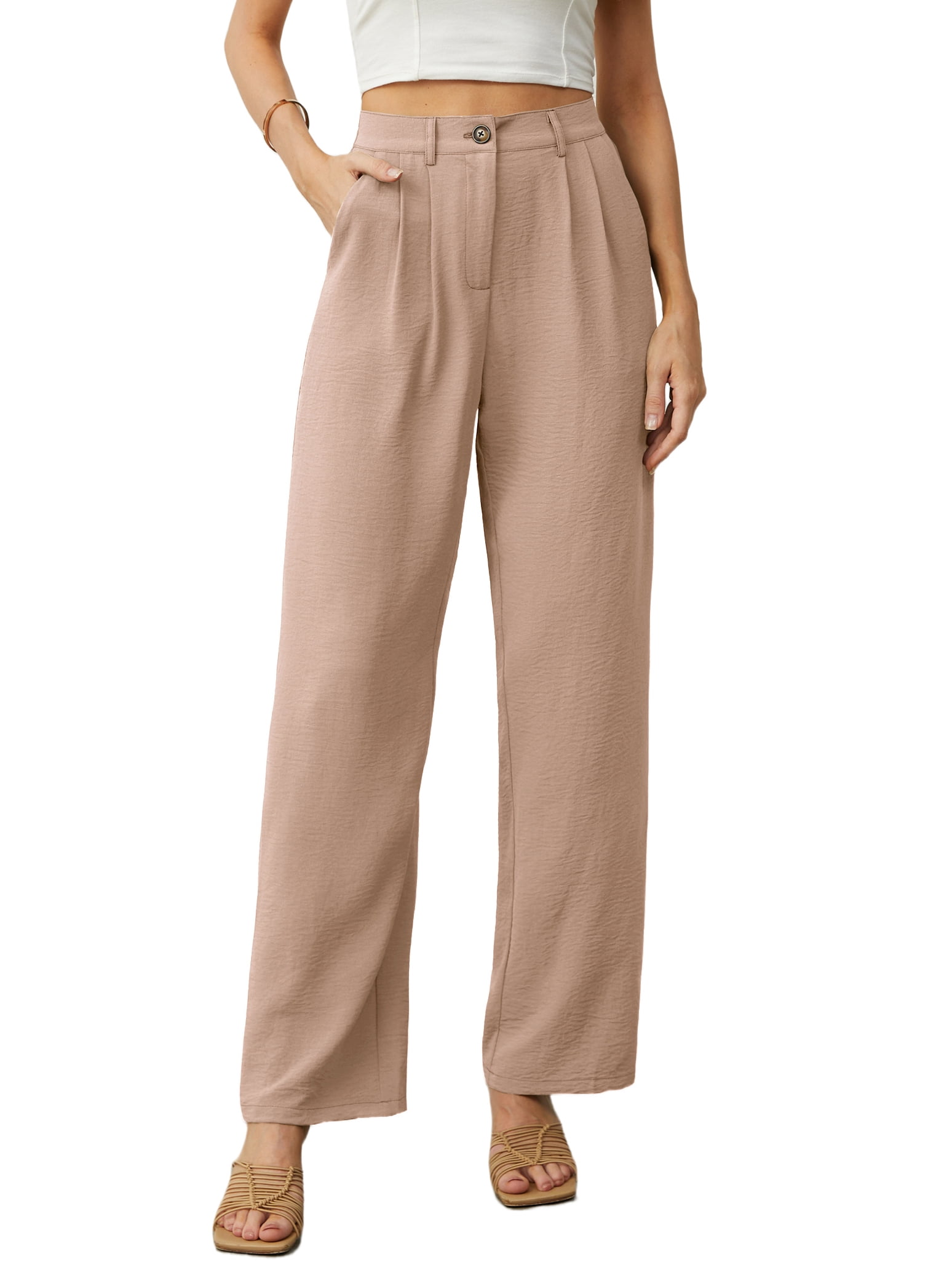 GIRUNS Women's Wide Leg Pants, High Waisted, Breathable Polyester ...