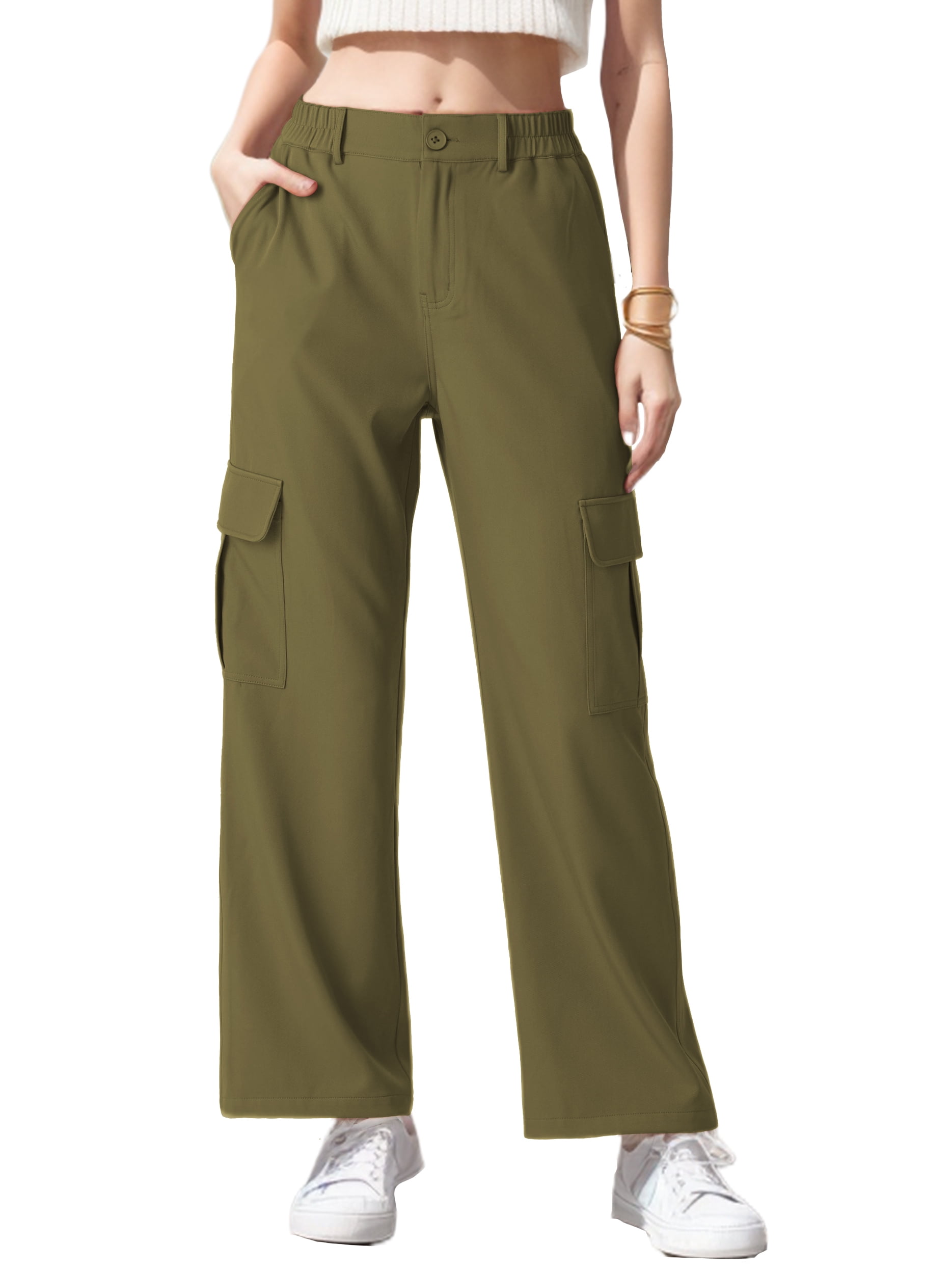 GIRUNS Womens High Waisted Cargo Pants Army Green S Casual Wide Leg ...