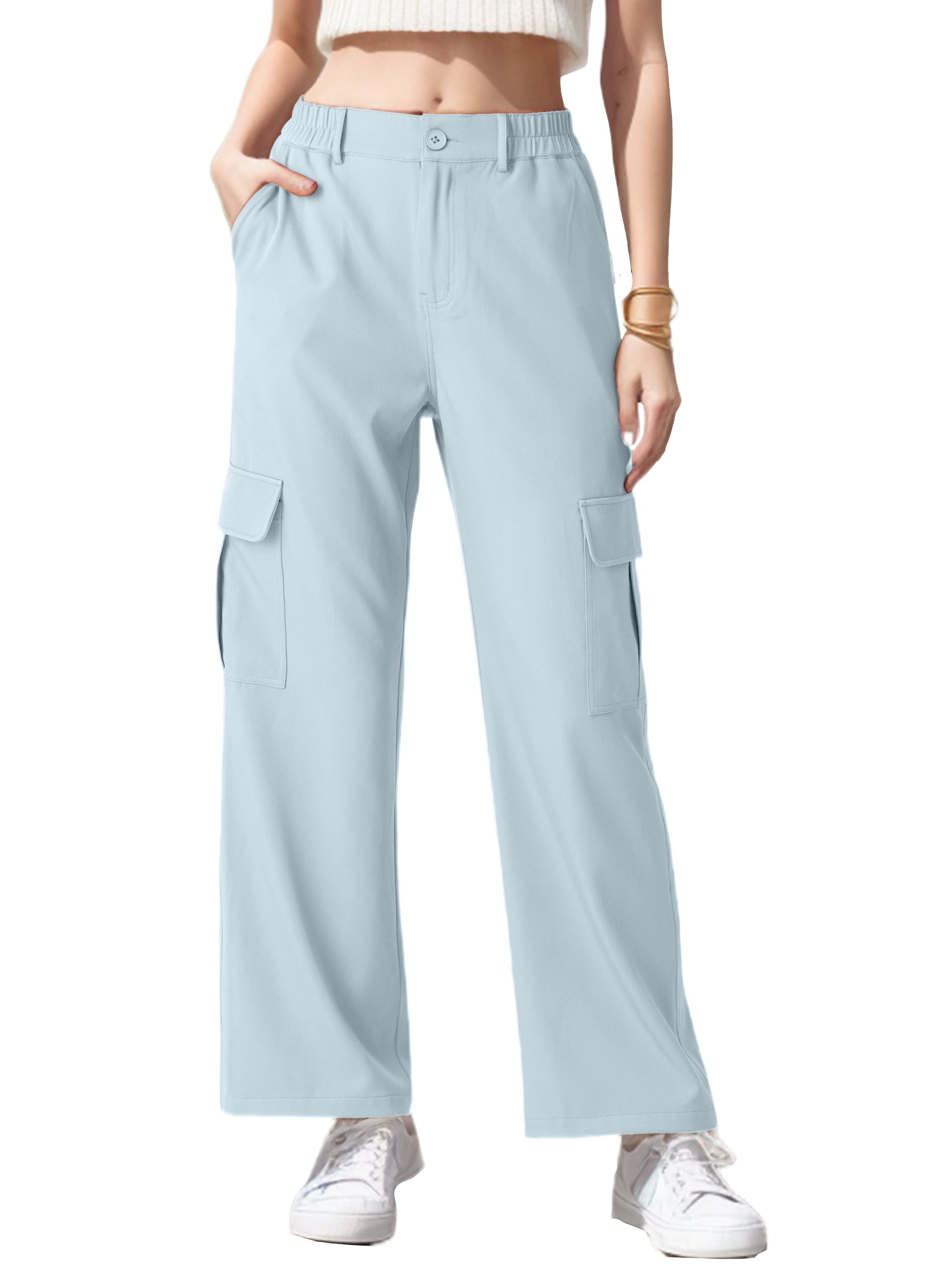 GIRUNS Womens High Waisted Cargo Pants Denim Blue S Casual Wide Leg ...