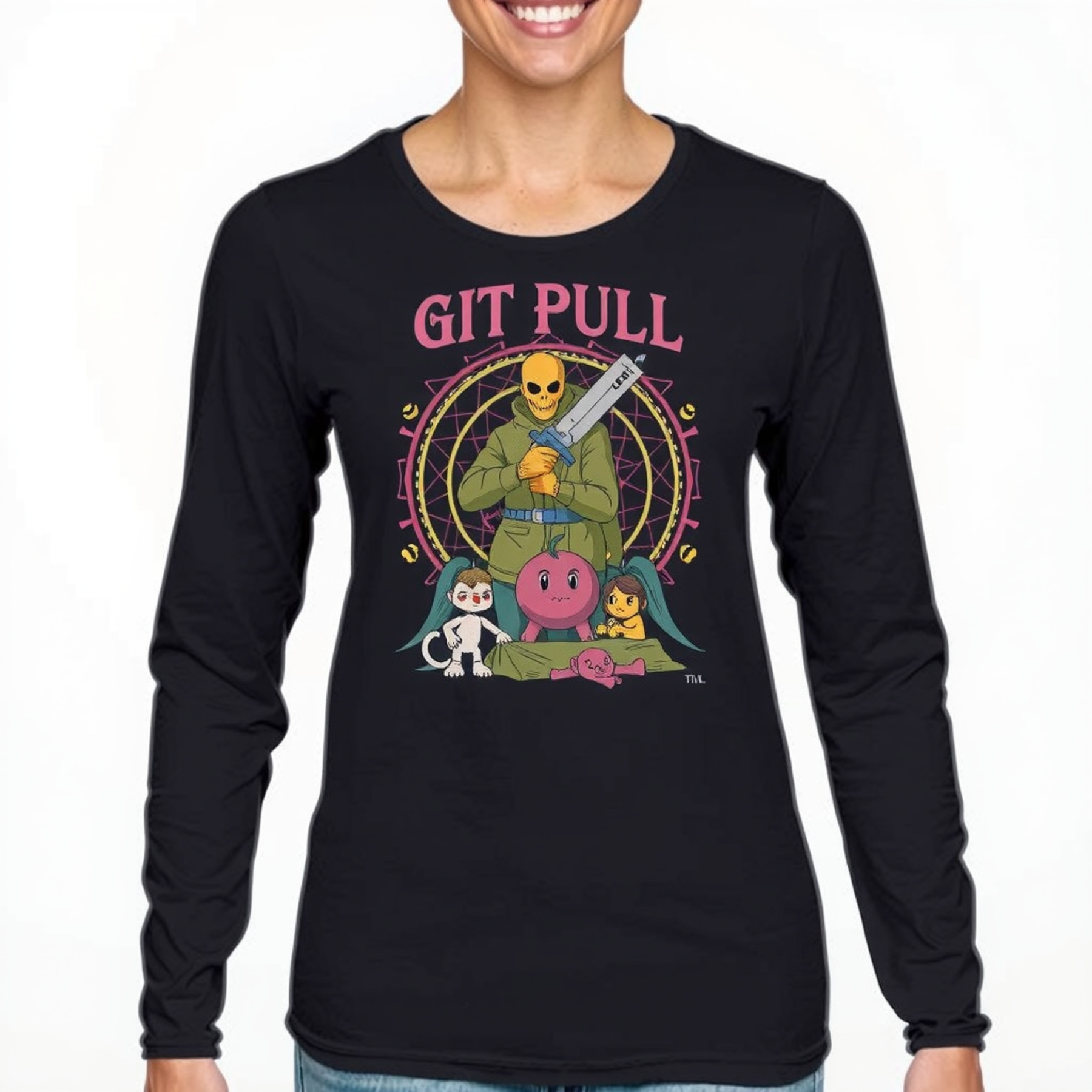 GIT PULL Black Long Sleeve T-Shirt - Fun Skeleton Graphicfor Coders ...