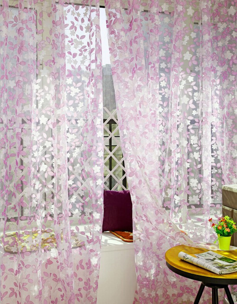 GIUHUIZ Leaf Sheer Curtain Tulle Window Treatment Voile Drape Valance 1 ...
