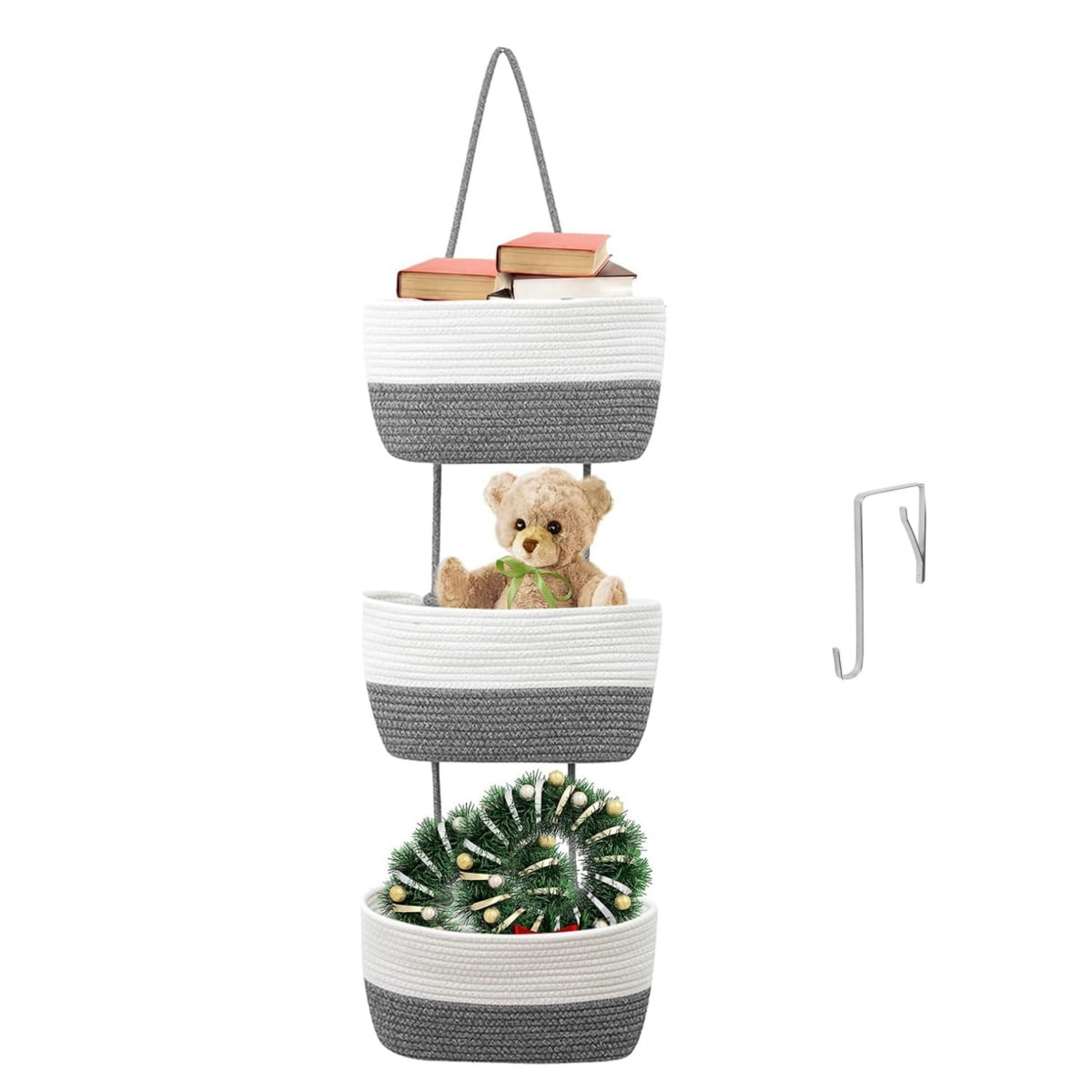 GIXUSIL 3-Tier Hanging Woven Cotton Rope Wall Mounted Storage Baskets ...
