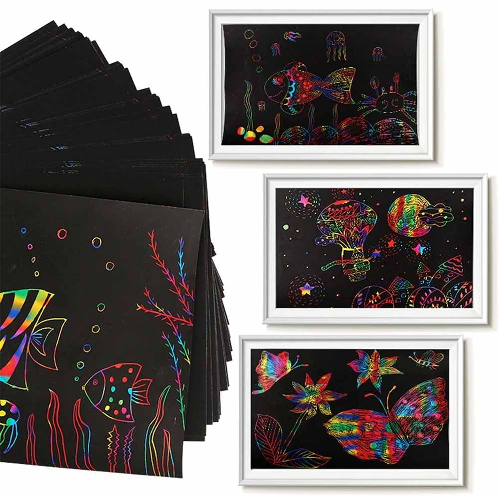 GIXUSIL 50 Piece Rainbow Scratch Paper Art Set Black Scratch Paper ...