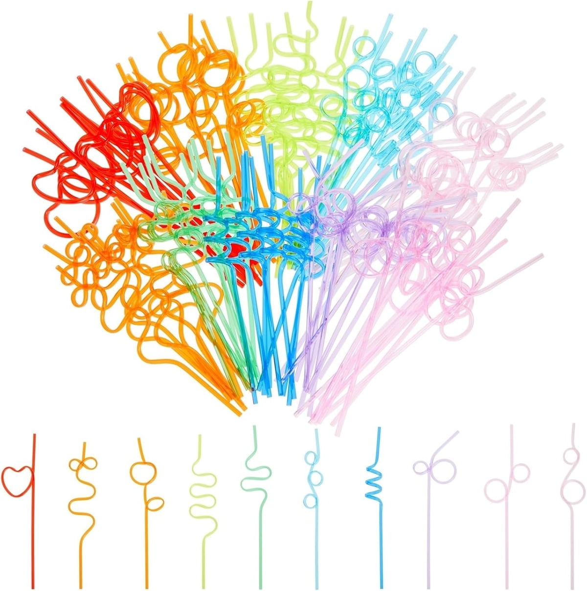 GIXUSIL Assorted Silly Crazy Straws, 100 Pcs Colorful Reusable Drinking Straws Twists Loop ...