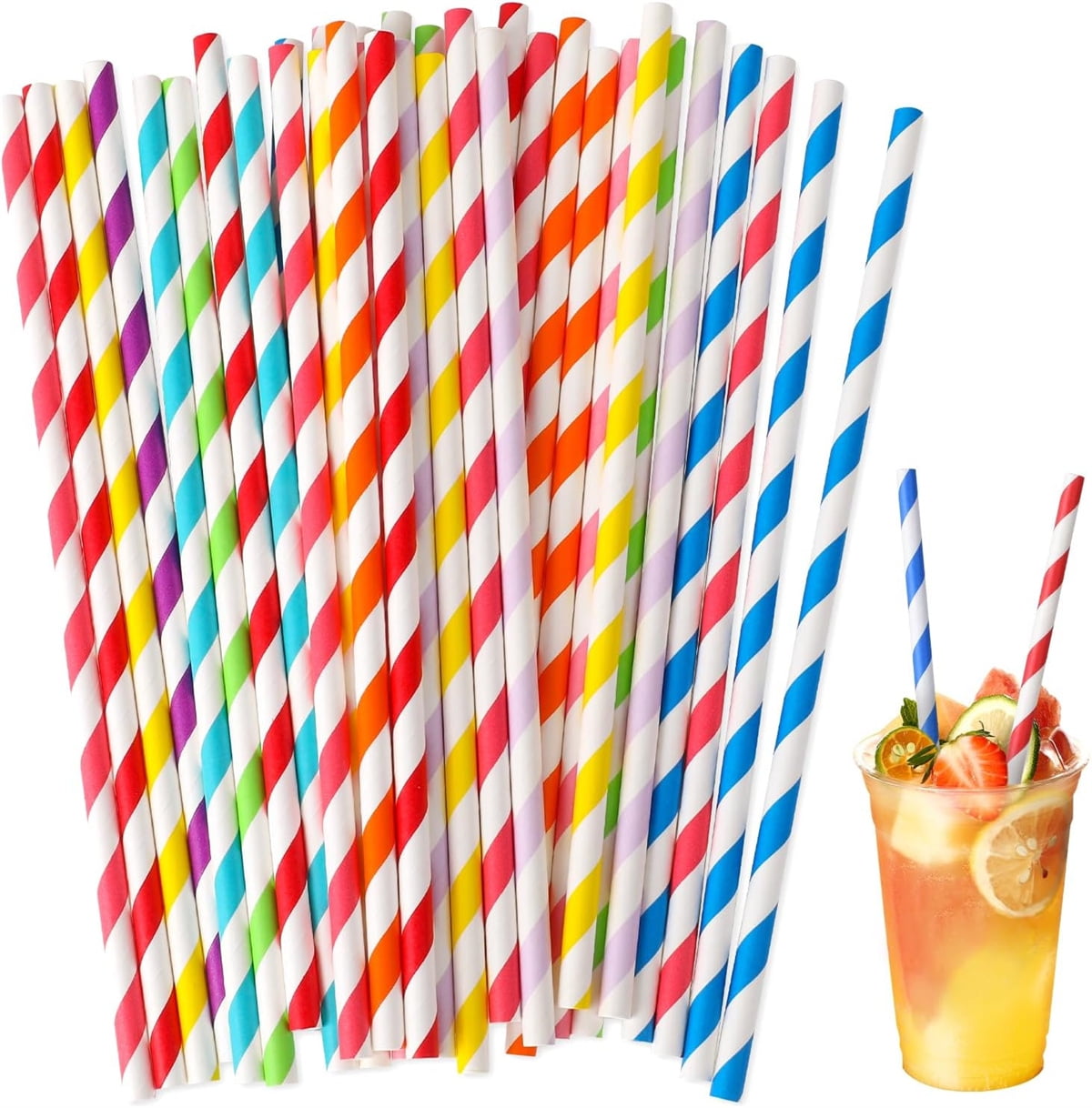 GIXUSIL Eco-Friendly Stripes Rainbow Drinking Paper Straws 100 packs ...