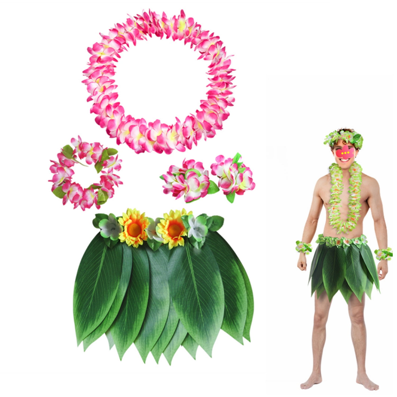 GIXUSIL Hula Outfits Hawaiian, Hawaiian Flowers Leaf Skirts Hawaiian ...