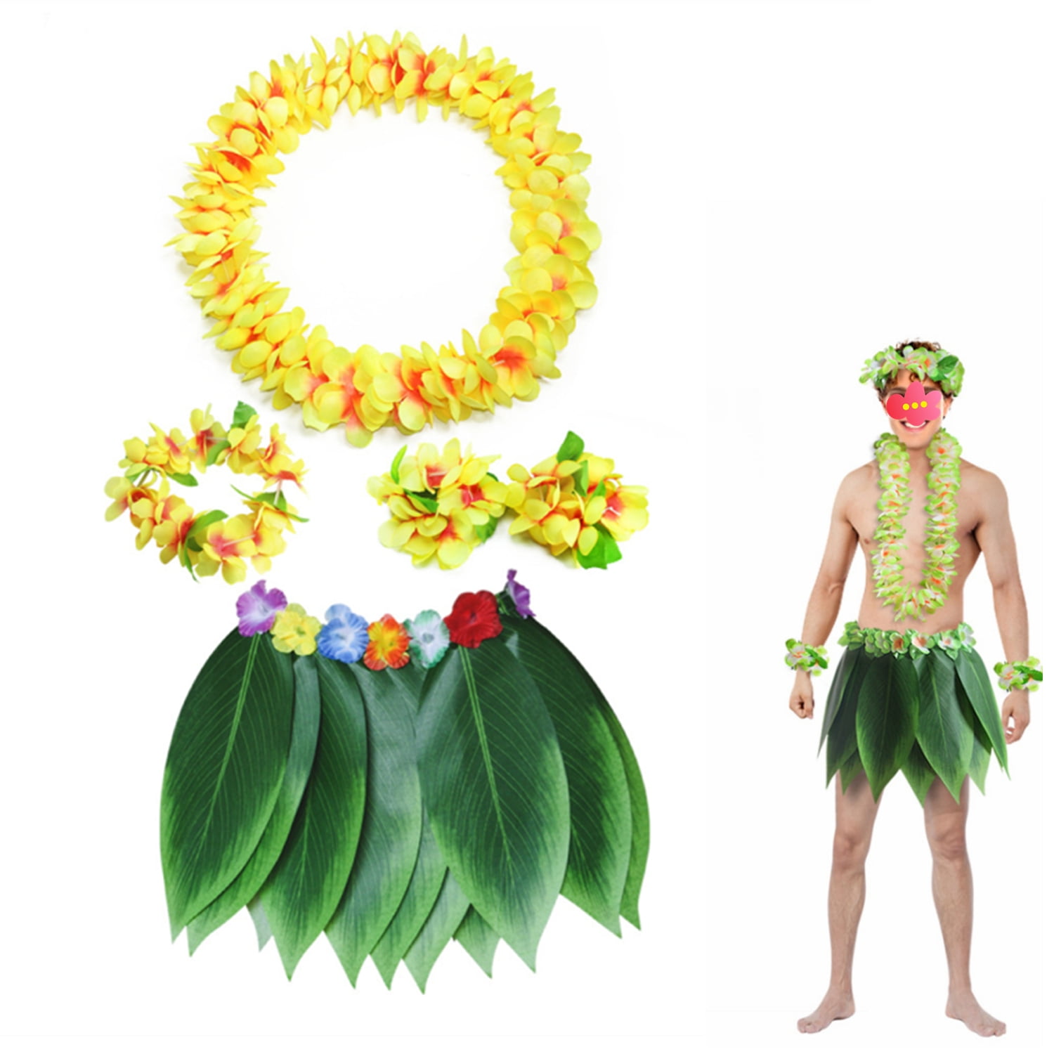 GIXUSIL Leaf Hula Skirt with Hawaii Leis Grass Skirt and Artificial ...