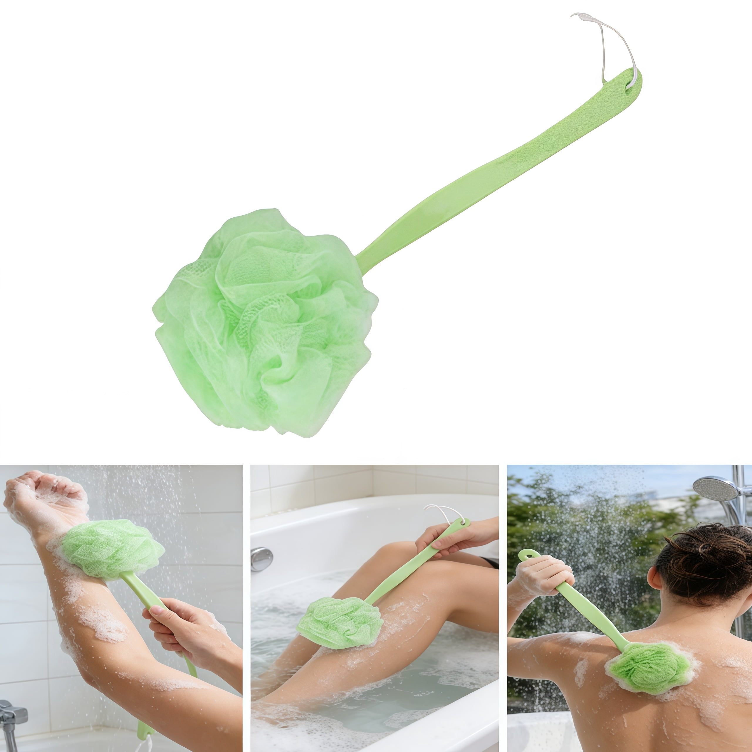 GIXUSIL Shower Loofah on a Stick, Long Handled Mesh Bath Sponge, Green ...