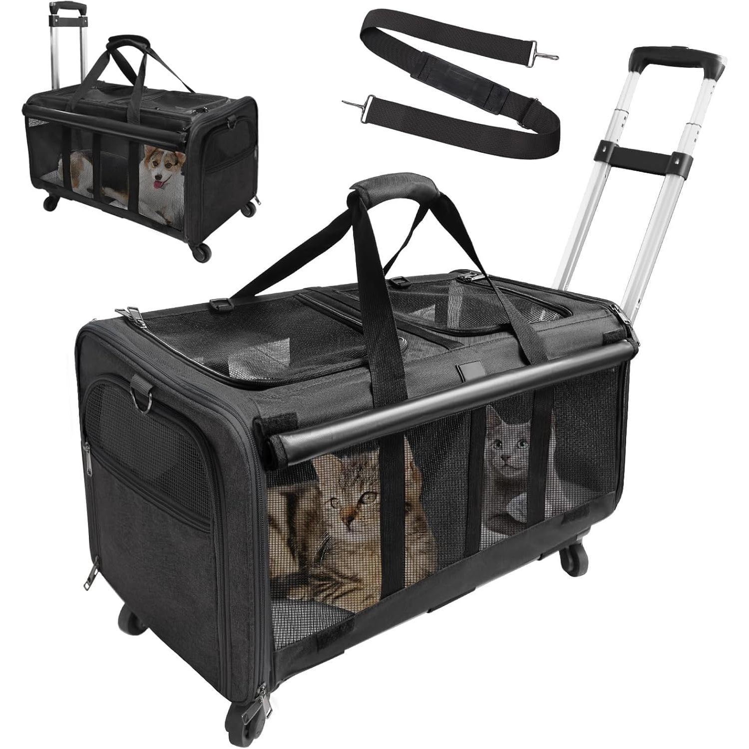 GJEASE Cat Rolling Carrier for 2 Cats,Double-Compartment Pet Rolling ...