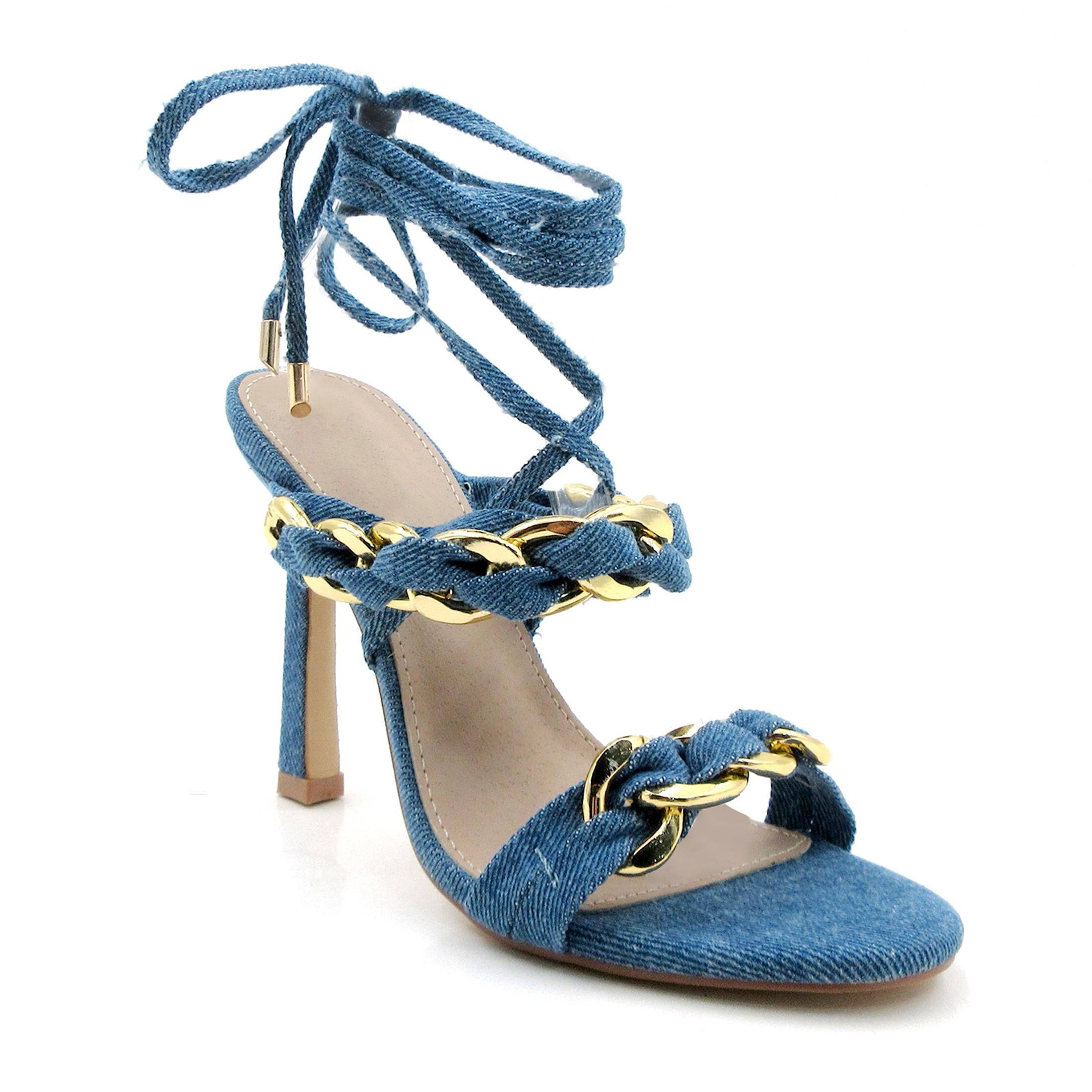 GJPBGK Women's Blue Denim Stiletto High Heel Sandals with Gold Accents ...
