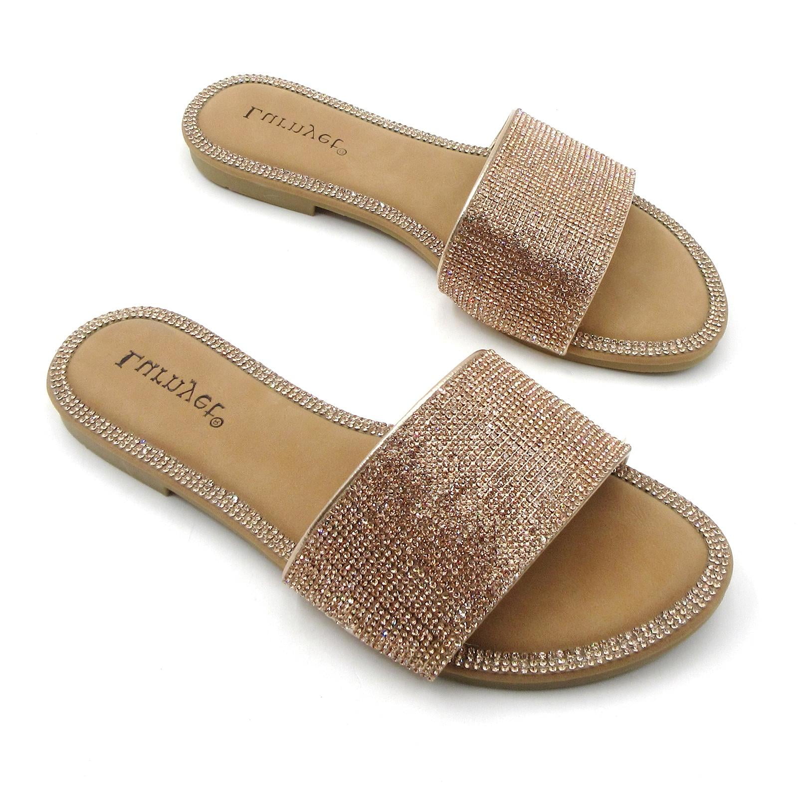 GJPBGK Women’s Rhinestone Slide Sandals Flat Open Toe Sandals One-Strap ...