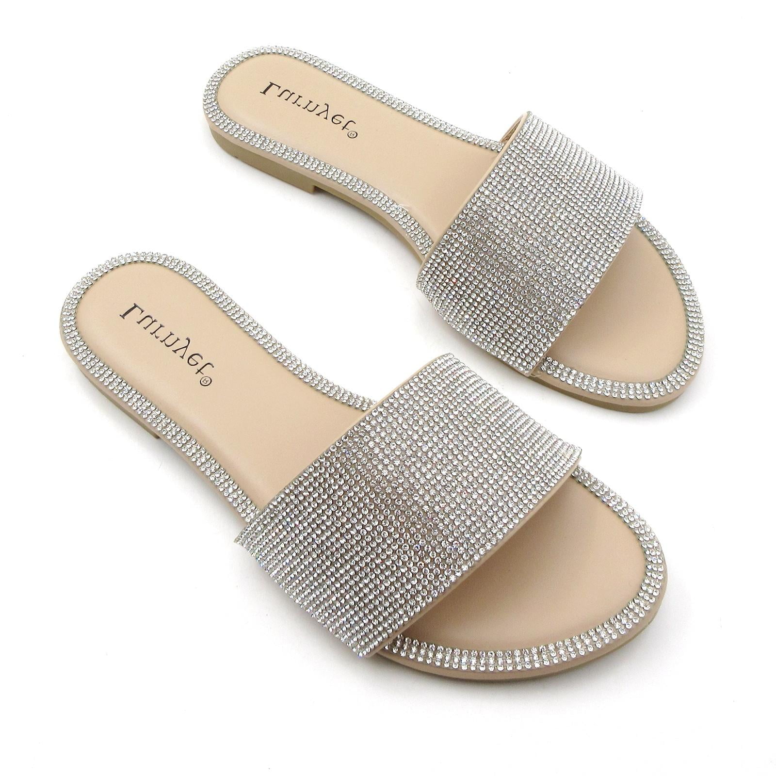 GJPBGK Women’s Rhinestone Slide Sandals Flat Open Toe Sandals One-Strap ...