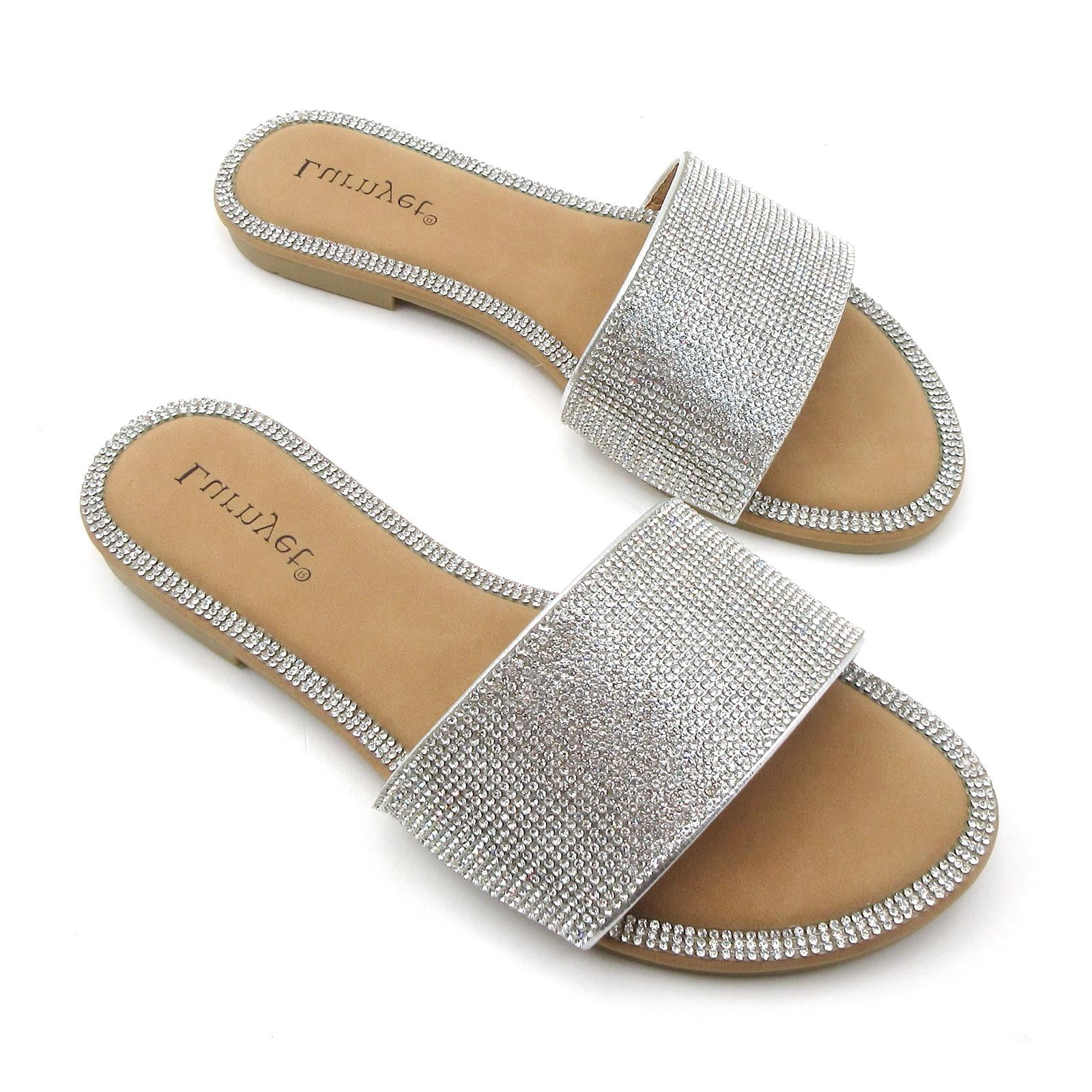 GJPBGK Women’s Rhinestone Slide Sandals Flat Open Toe Sandals One-Strap ...