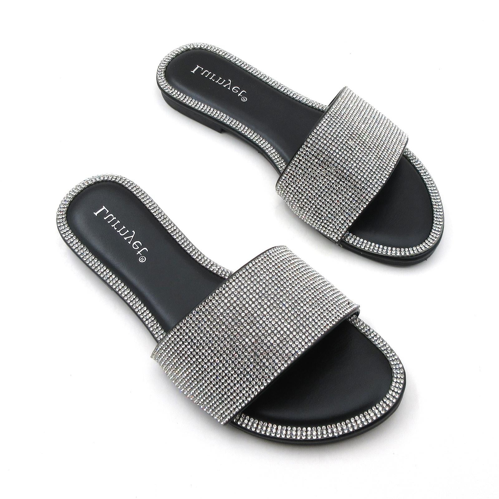 GJPBGK Women’s Rhinestone Slide Sandals Flat Open Toe Sandals One-Strap ...