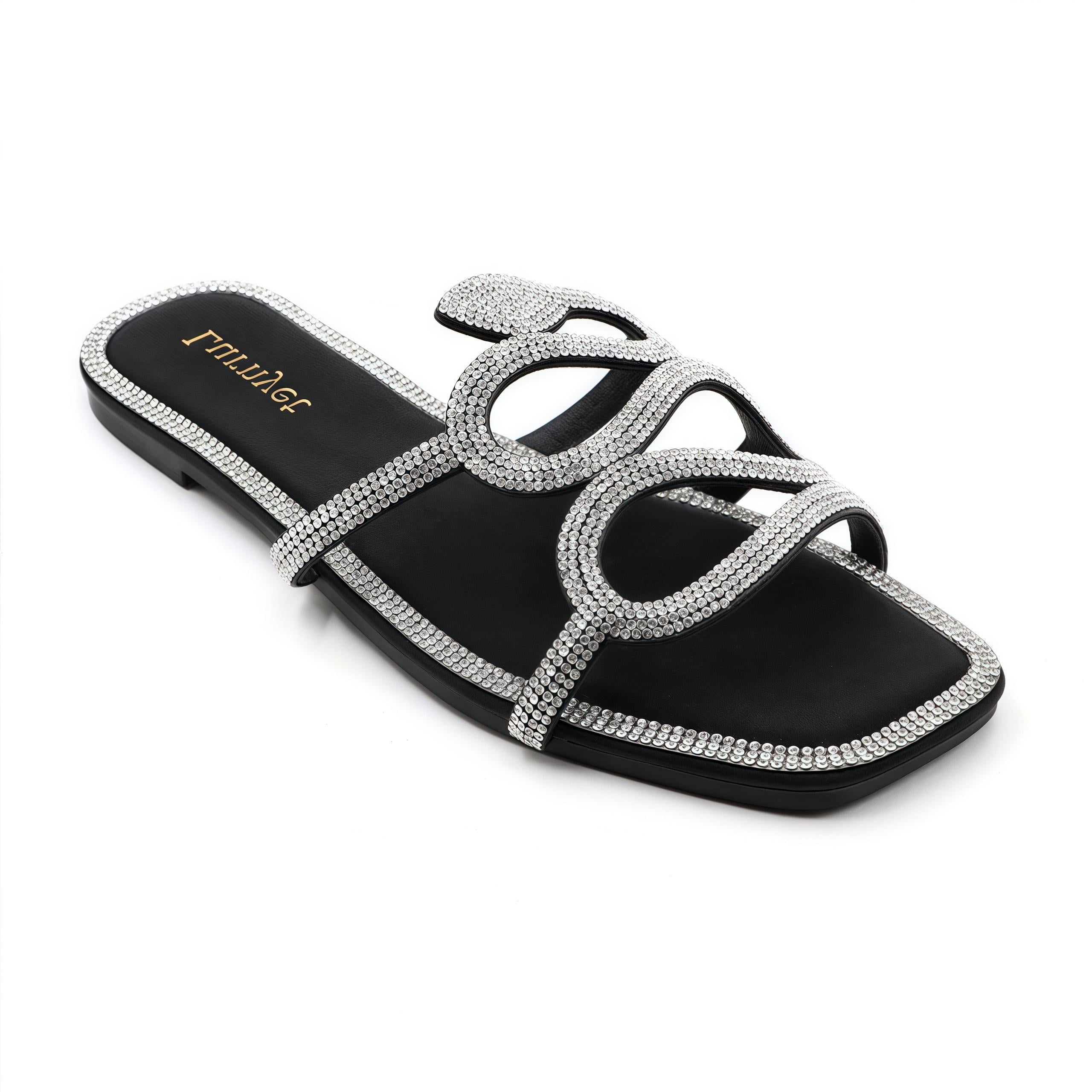 GJPBGK Women's Rhinestone Slide Sandals Sparkly Flat Open Toe Sandals ...