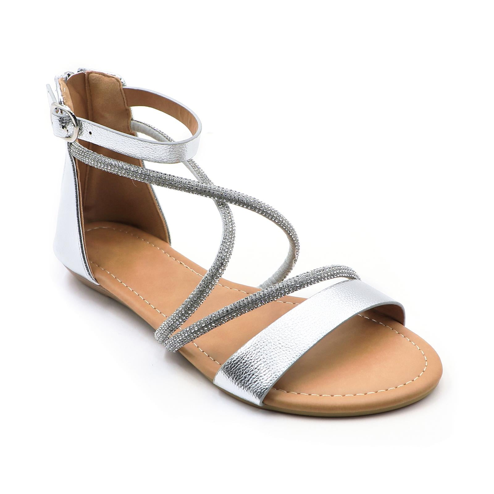 GJPBGK Women’s Strappy Flat Sandals Rhinestone Ankle Strap Open Toe Gladiator Sandals for Summer ...