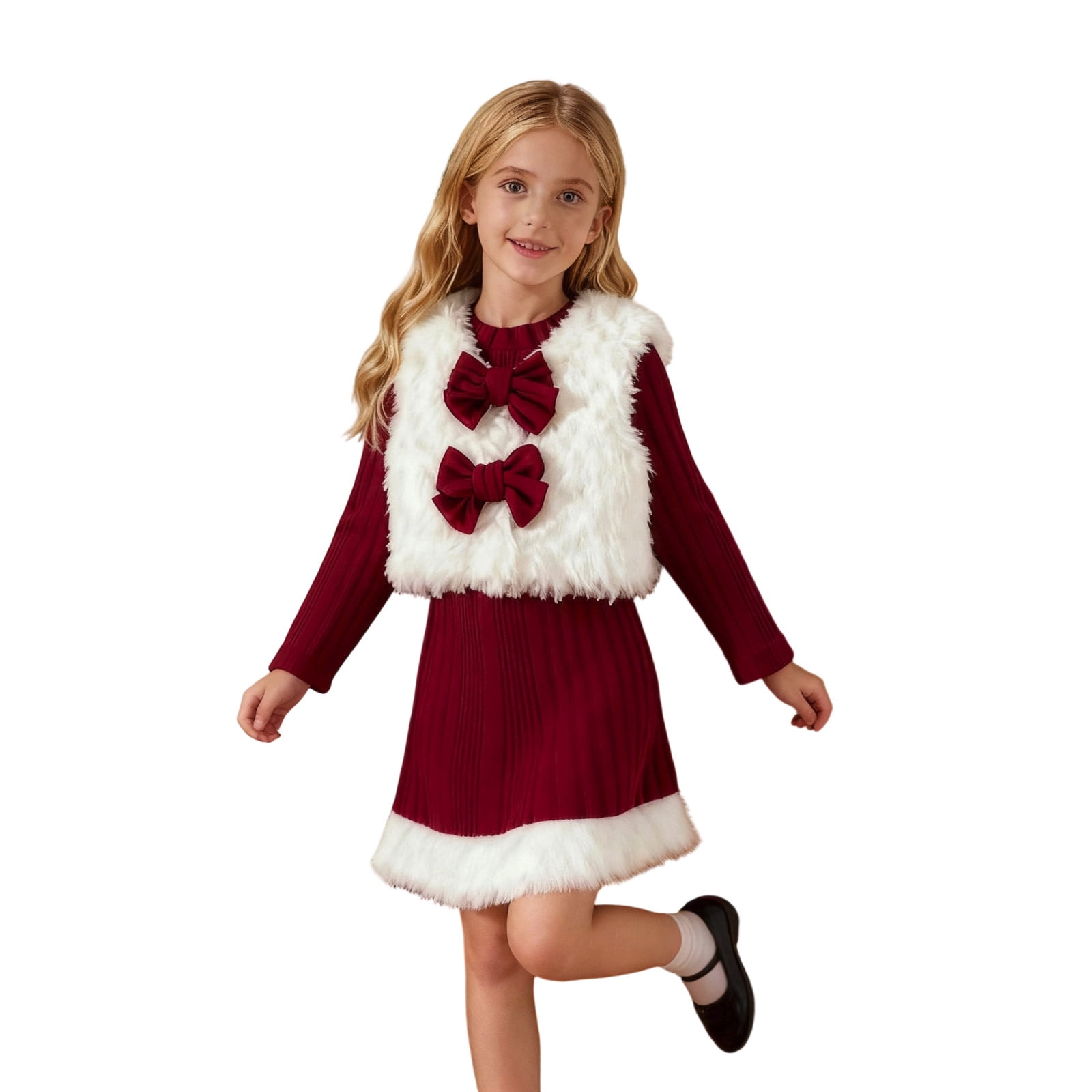 GJSYRH Girls Christmas Red Dresses Long Sleeve Crew Neck Furry Hem ...