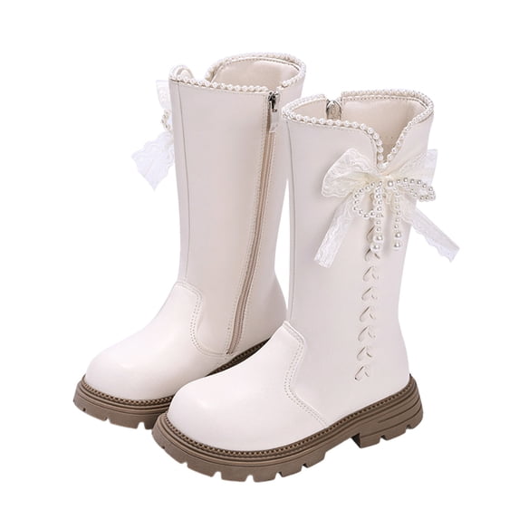 GJSYRH Girls Mid Calf Boots Flat Thick Sole Non Durable PU Leather ...