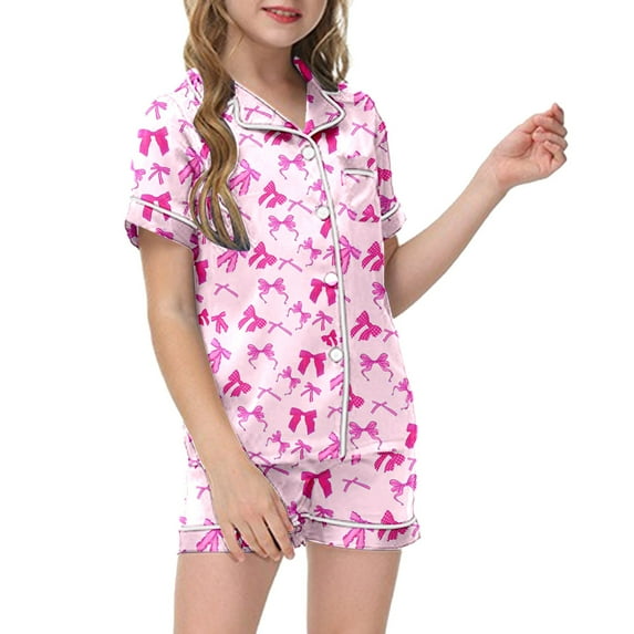 GJSYRH Valentines 2 Piece Outfits for Girls Bow Printed Pajam𝙖 Set Silk ...