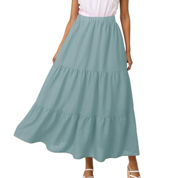 GJSYRH Women's Boho Flowy White Maxi Skirt Flared Ruffle Elastic Waist ...