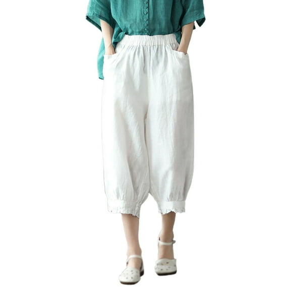 GJSYRH Women's Slim Fit Linen Harem Casual Trousers Solid Color Three ...